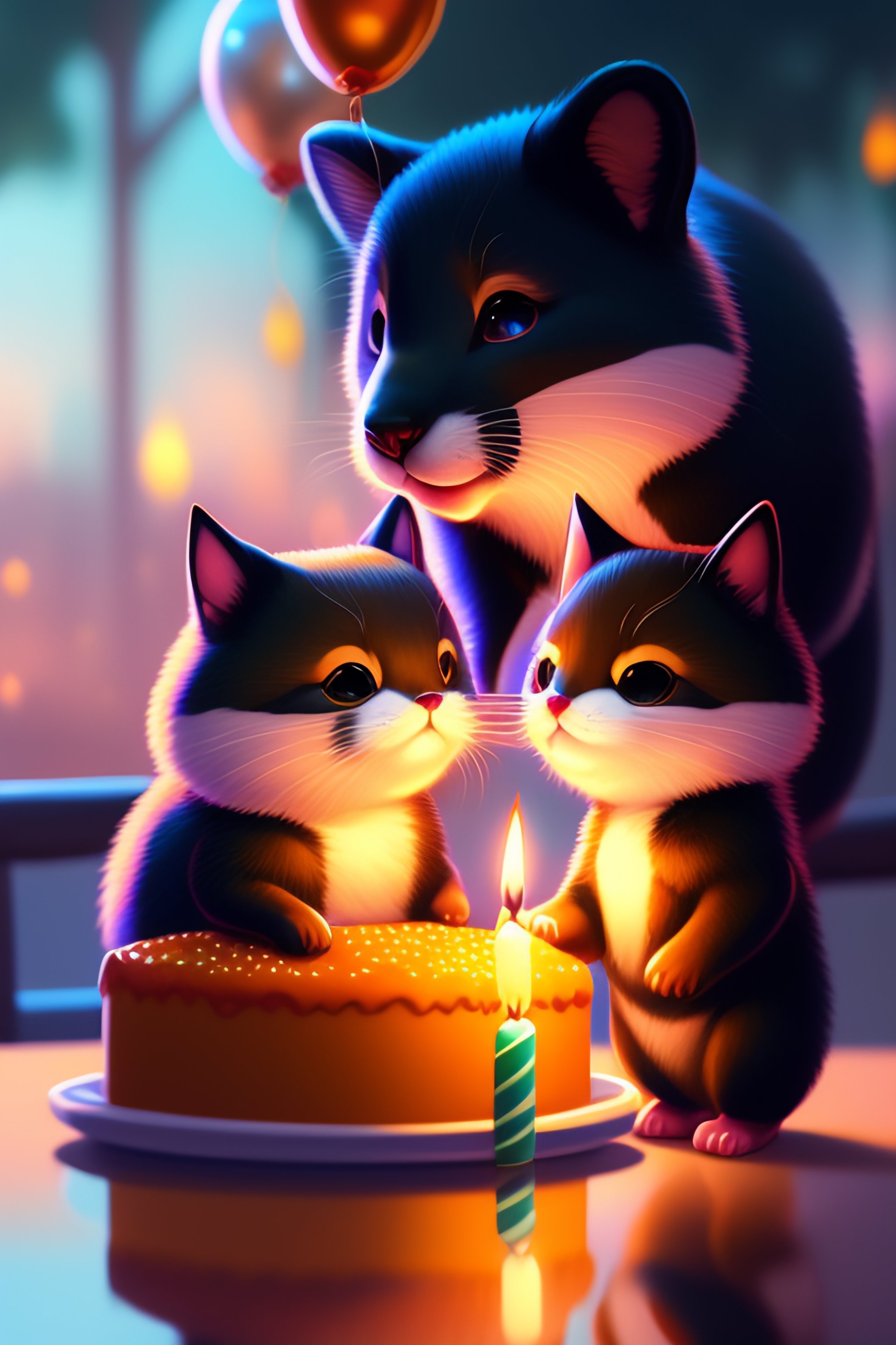 Lexica - Cute animals eating huge birthday cake with candles, particles ...