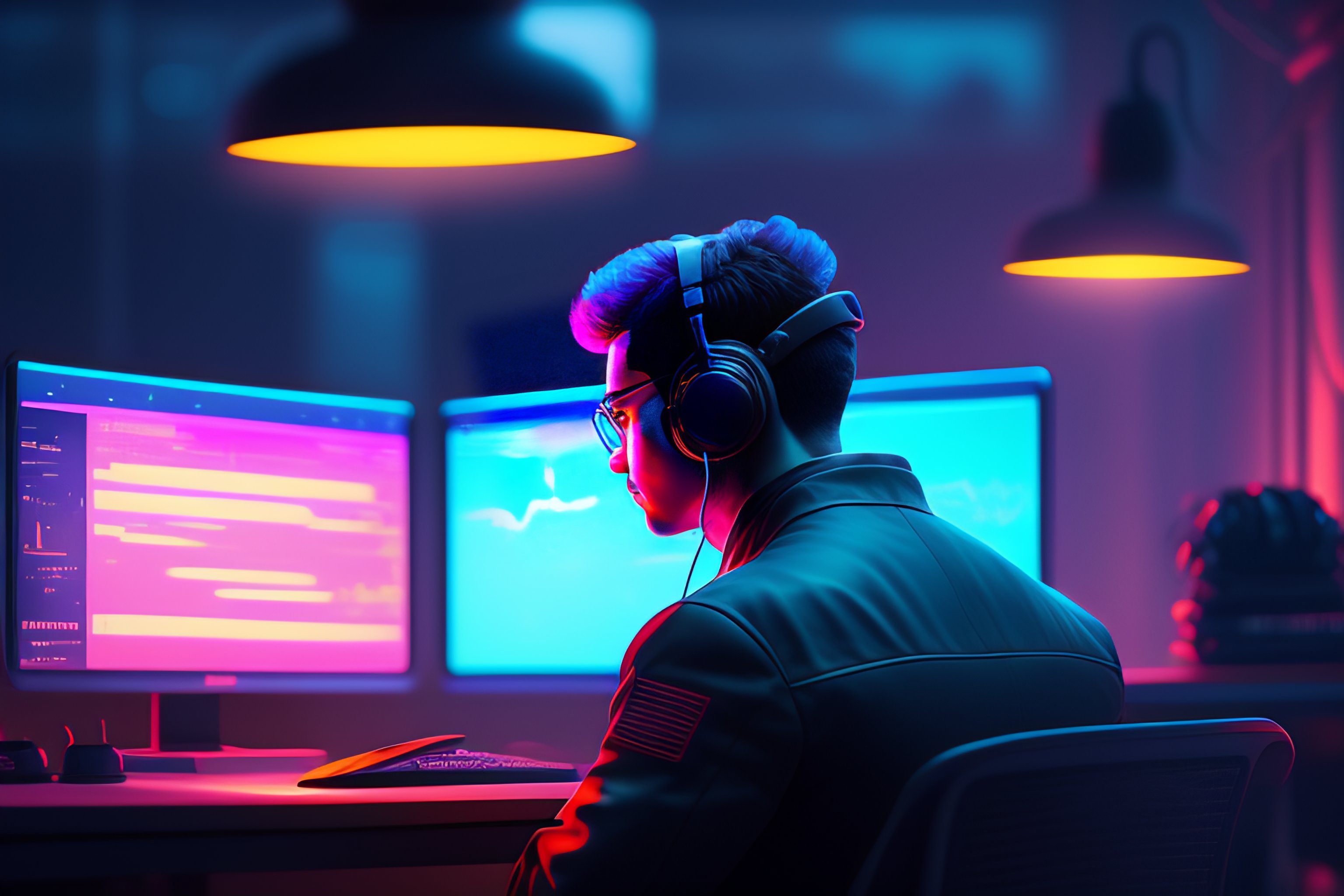 Lexica - A vibrant artstation illustration of a tech savy man typing ...