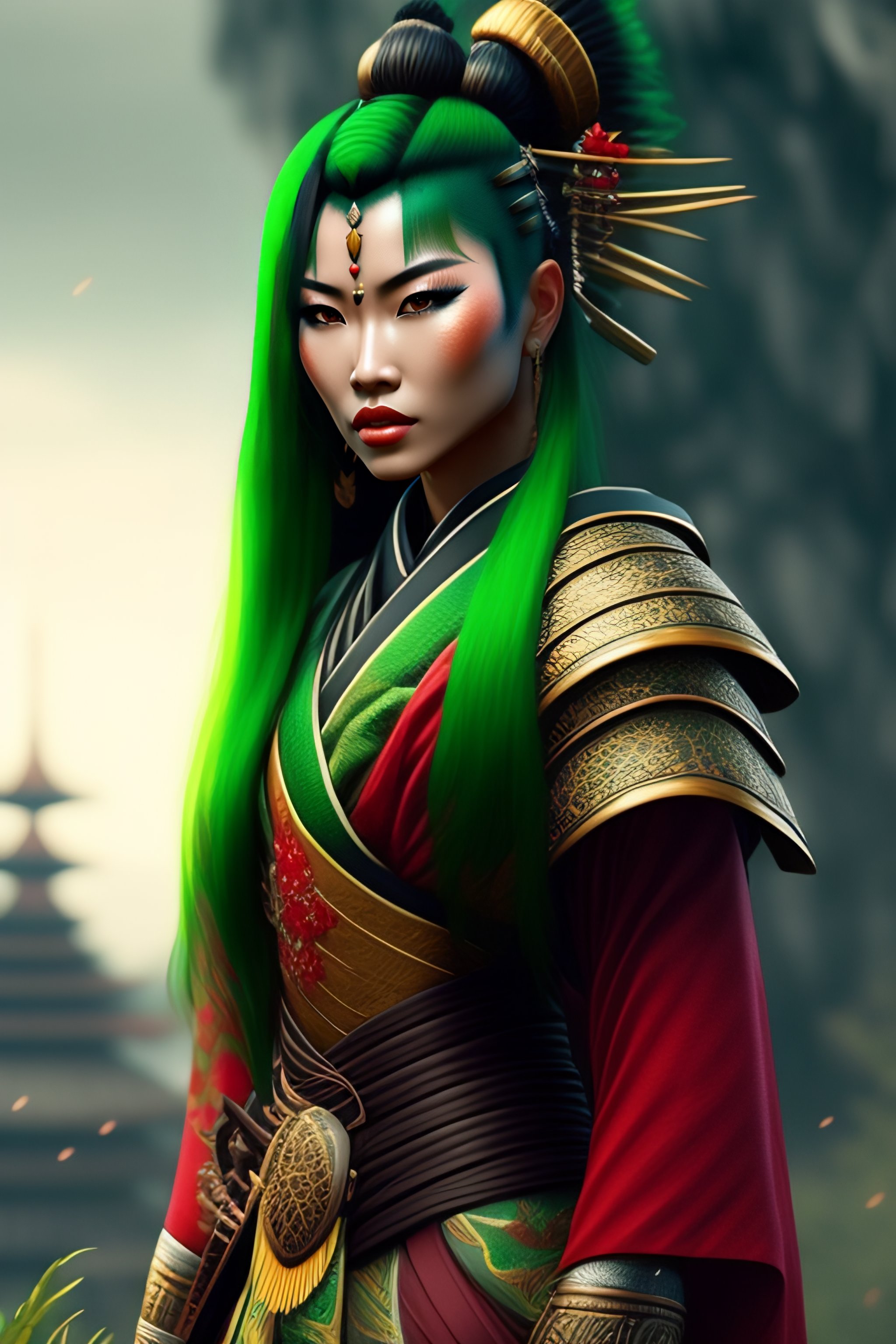 Lexica - Samurai woman with green hair realistic