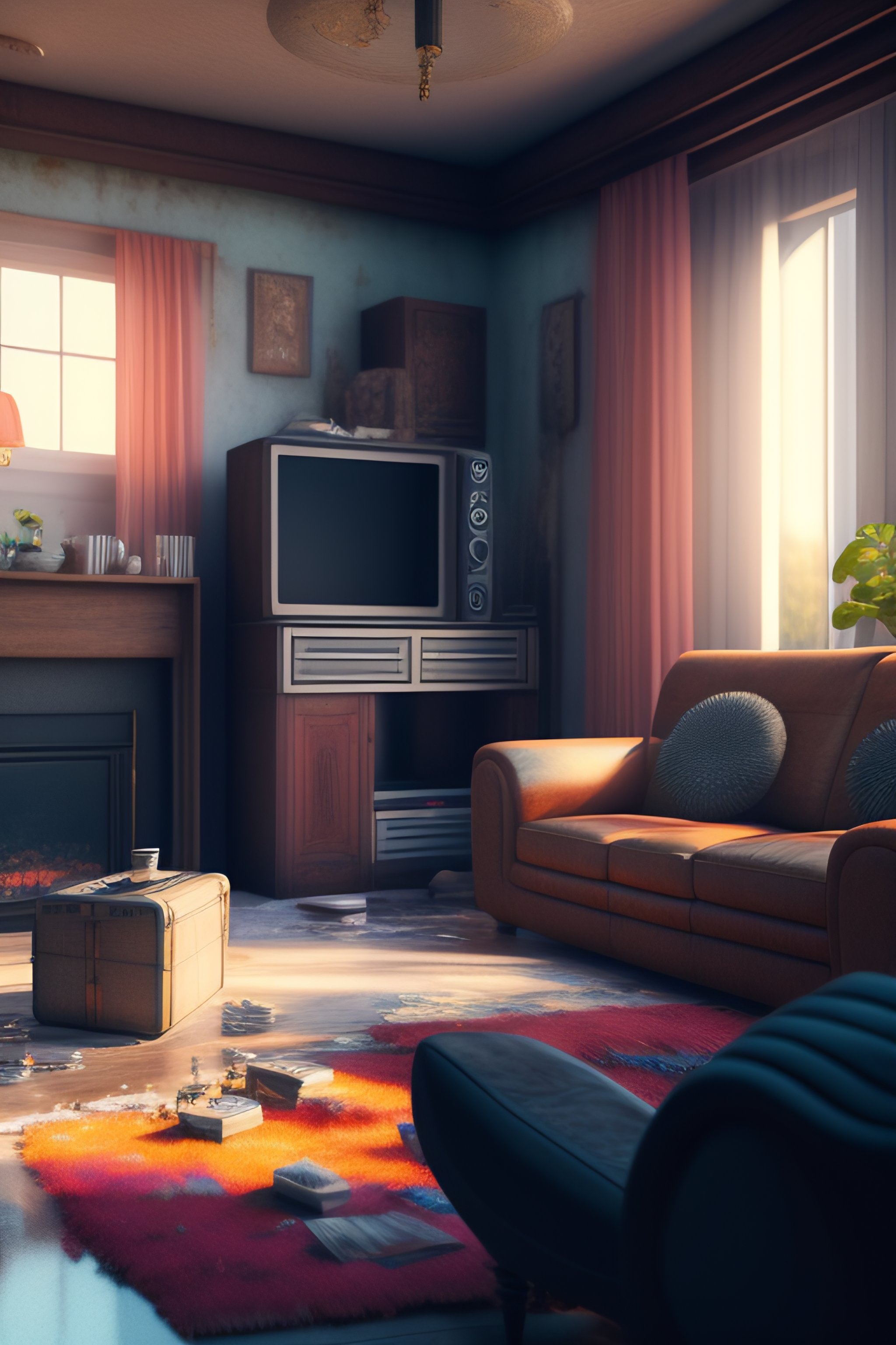 Lexica - Highly detailed interior shot of a messy living room with ...