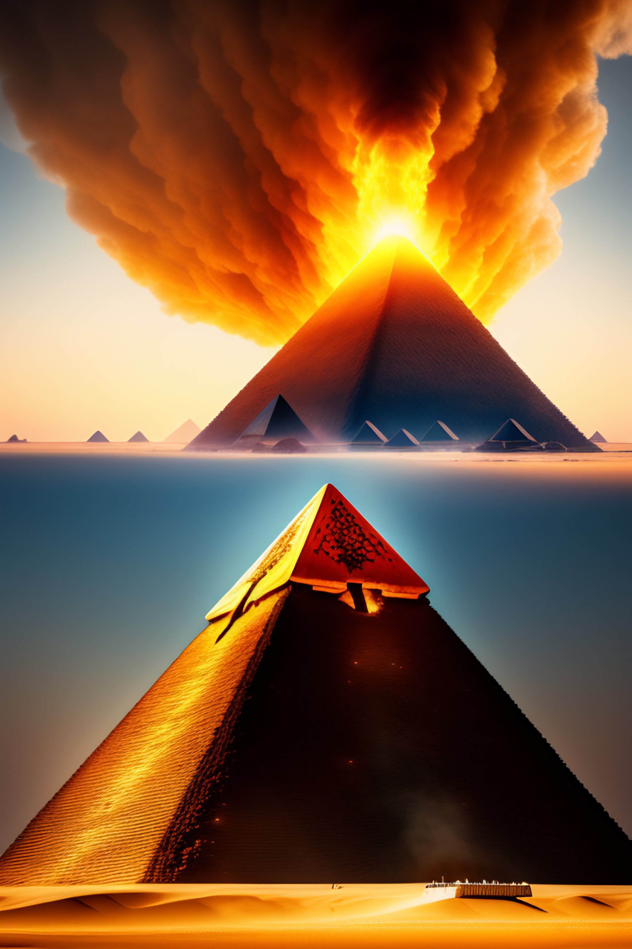 Lexica - Burning spaceship explosion over pyramids egypt