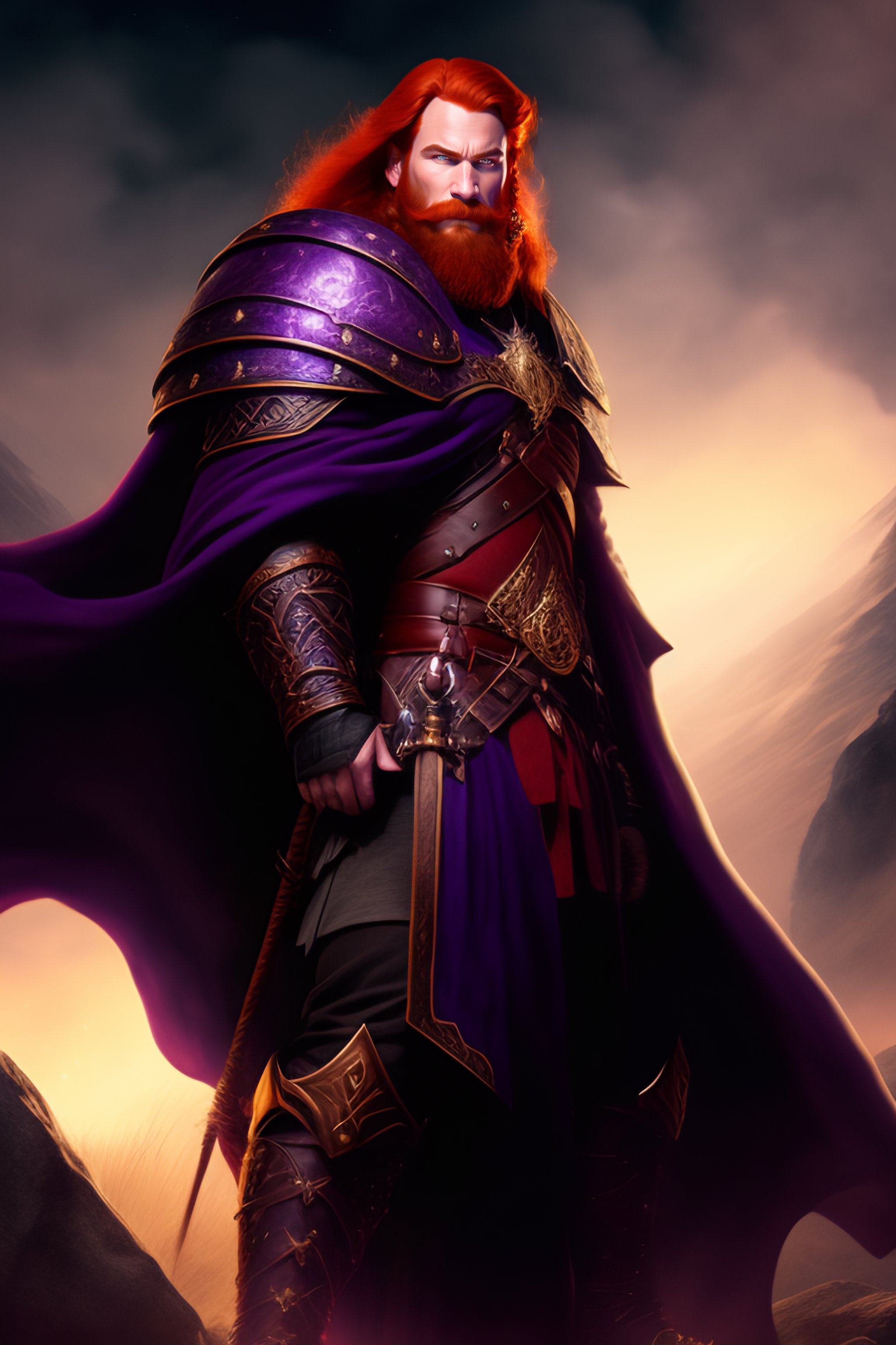 Lexica - A redhead fantasy dwarf, manly face, wearing very dark purple ...