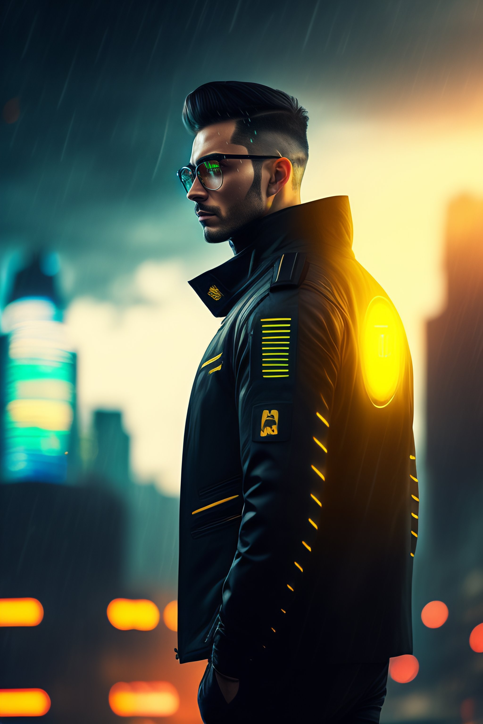 Lexica - Man with undercut hair in black tech suit charming with yellow ...