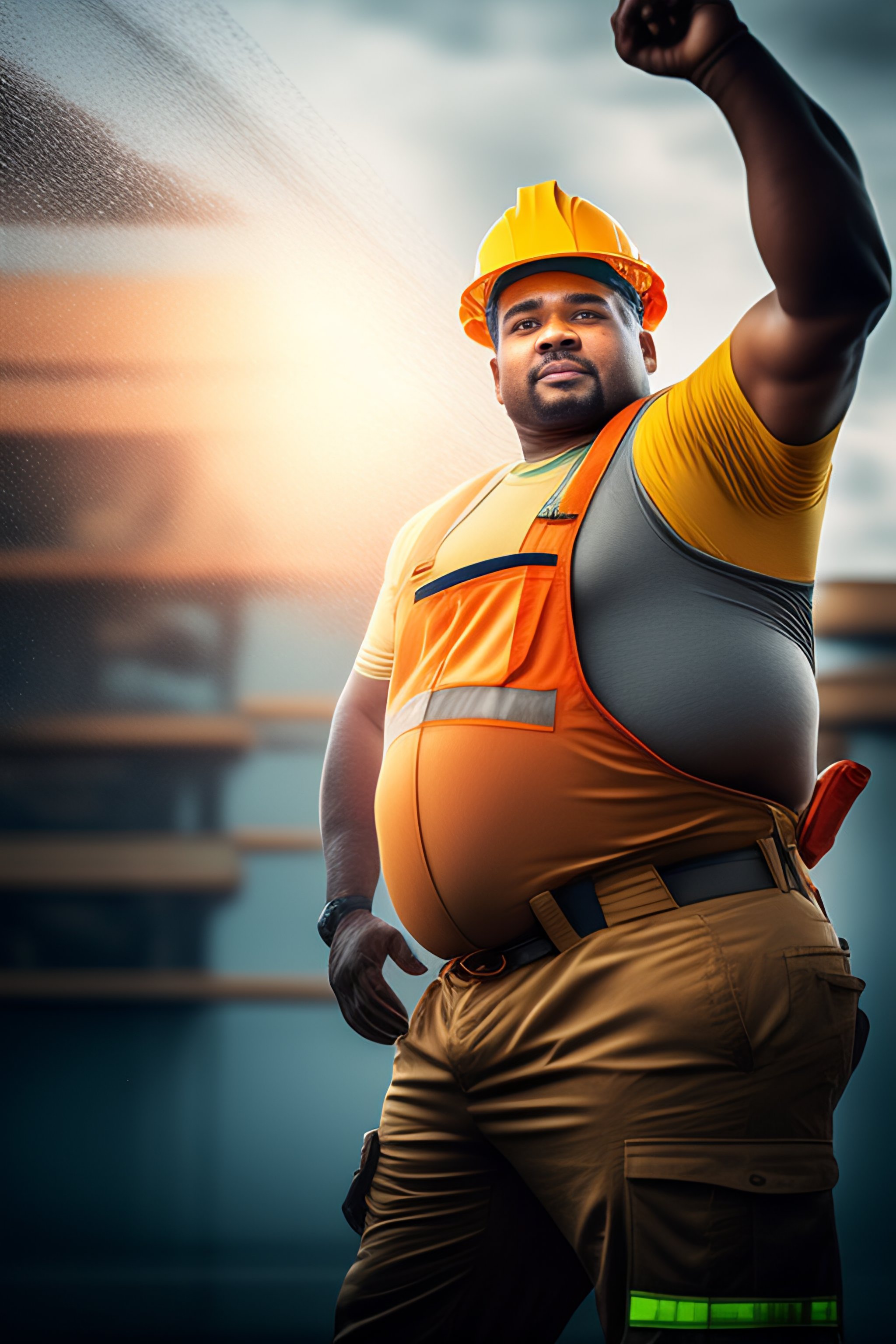 Lexica - A construction worker, with a (large belly)++++++, rubbing his ...