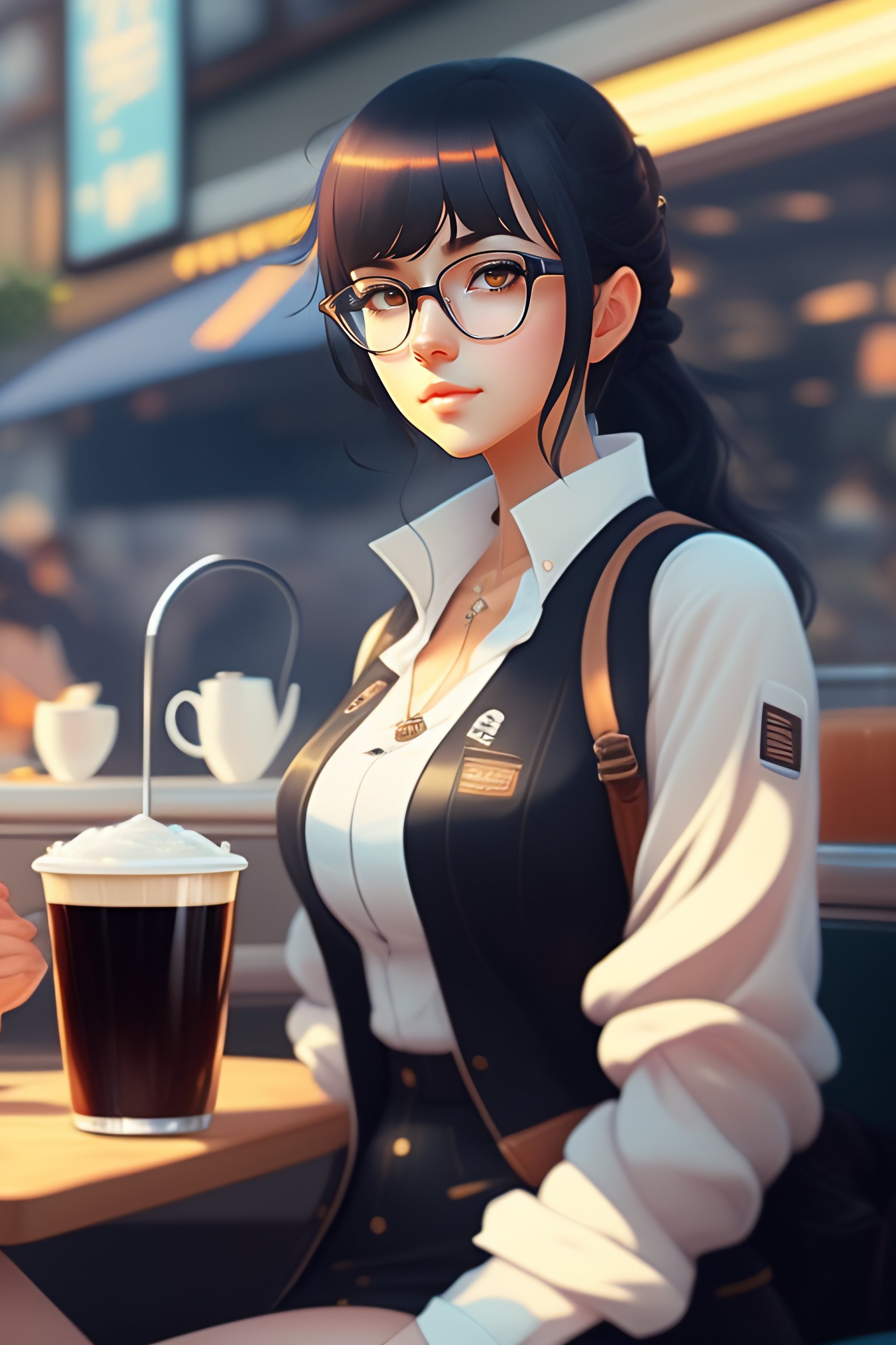 Lexica - Cute girl engineering in work clothes black hair black wayfarer glasses sitting inside ...
