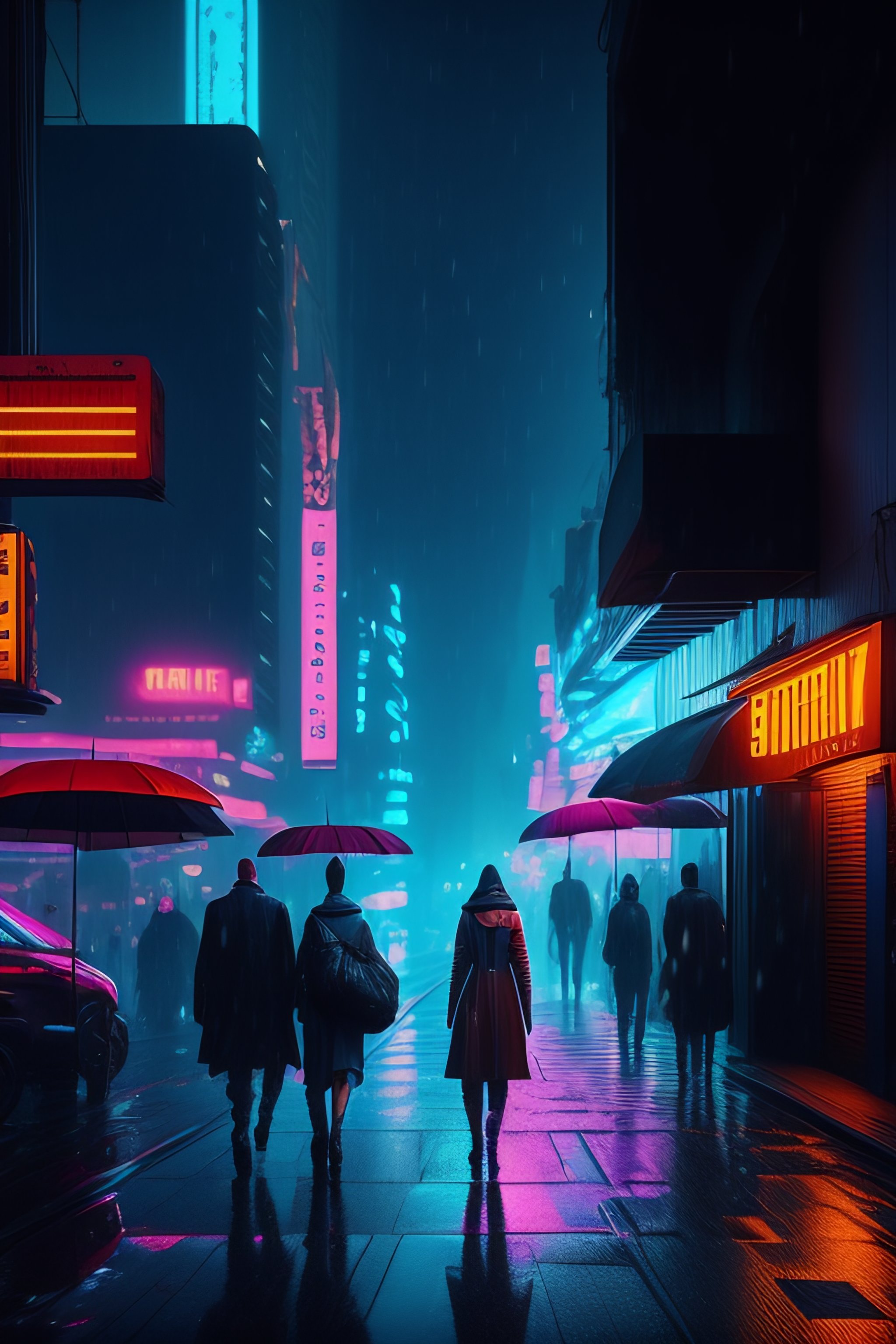 Lexica - Cyberpunk street scene raining night time with neon signs ...