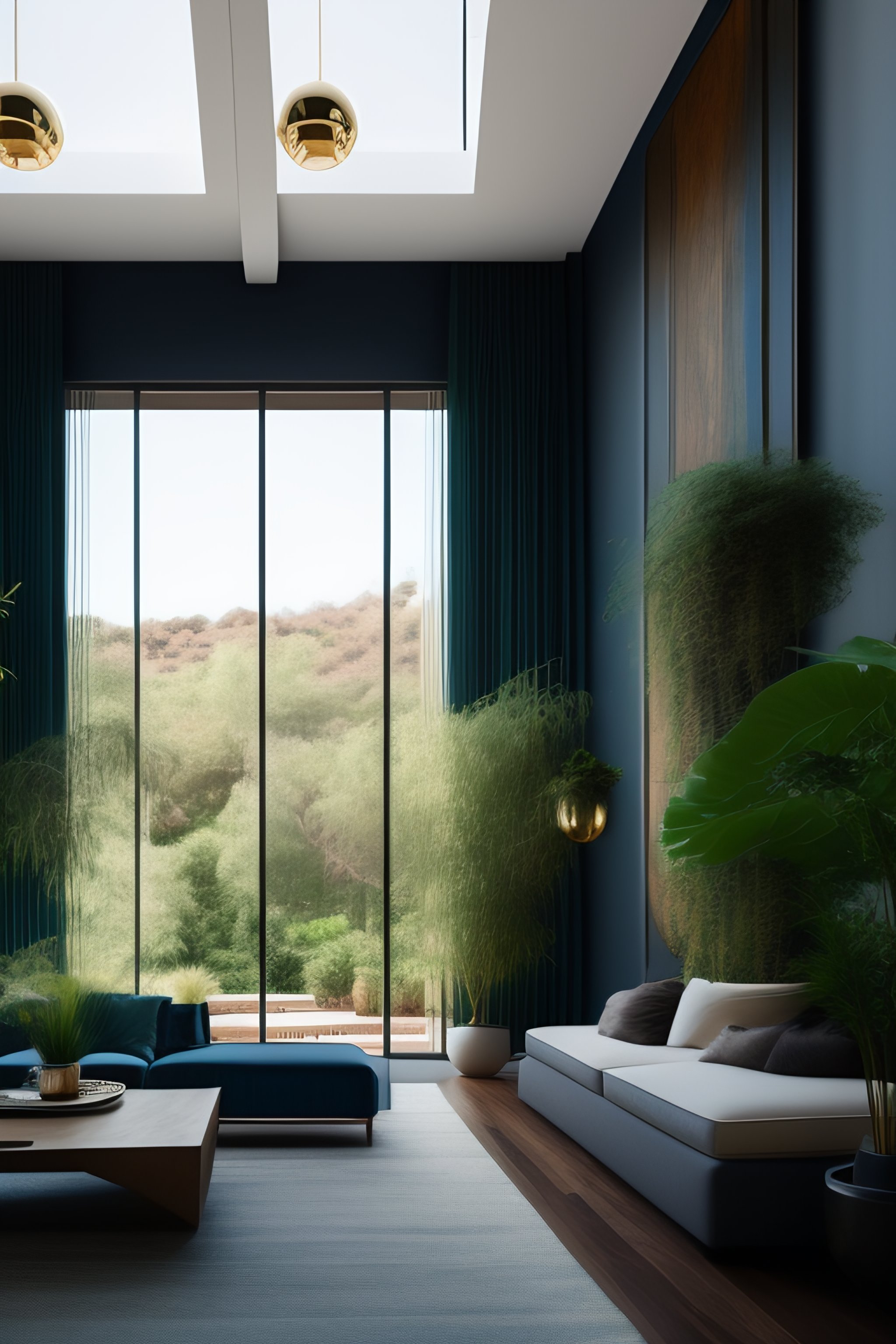 Lexica - A sunny panoramic room with high ceilings and plants