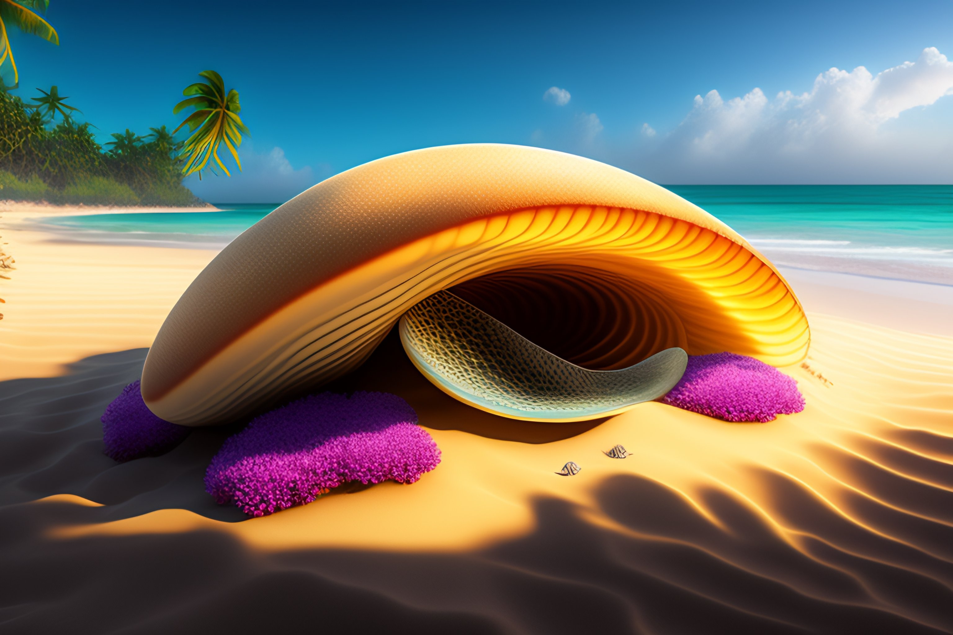 Lexica - Giant shell clam monster on tropical beach sand with ...