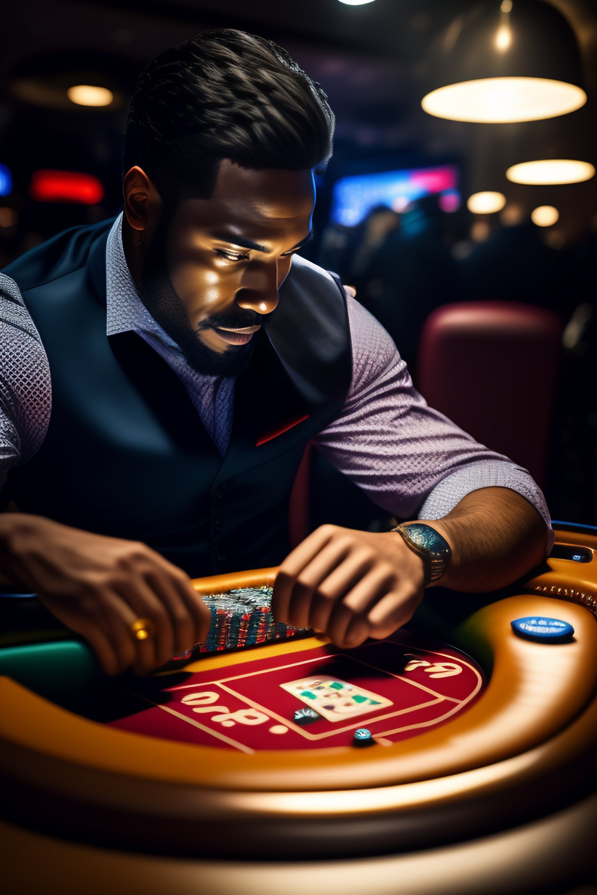 Lexica - Card dealer with half robot face At a poker table frontview ...