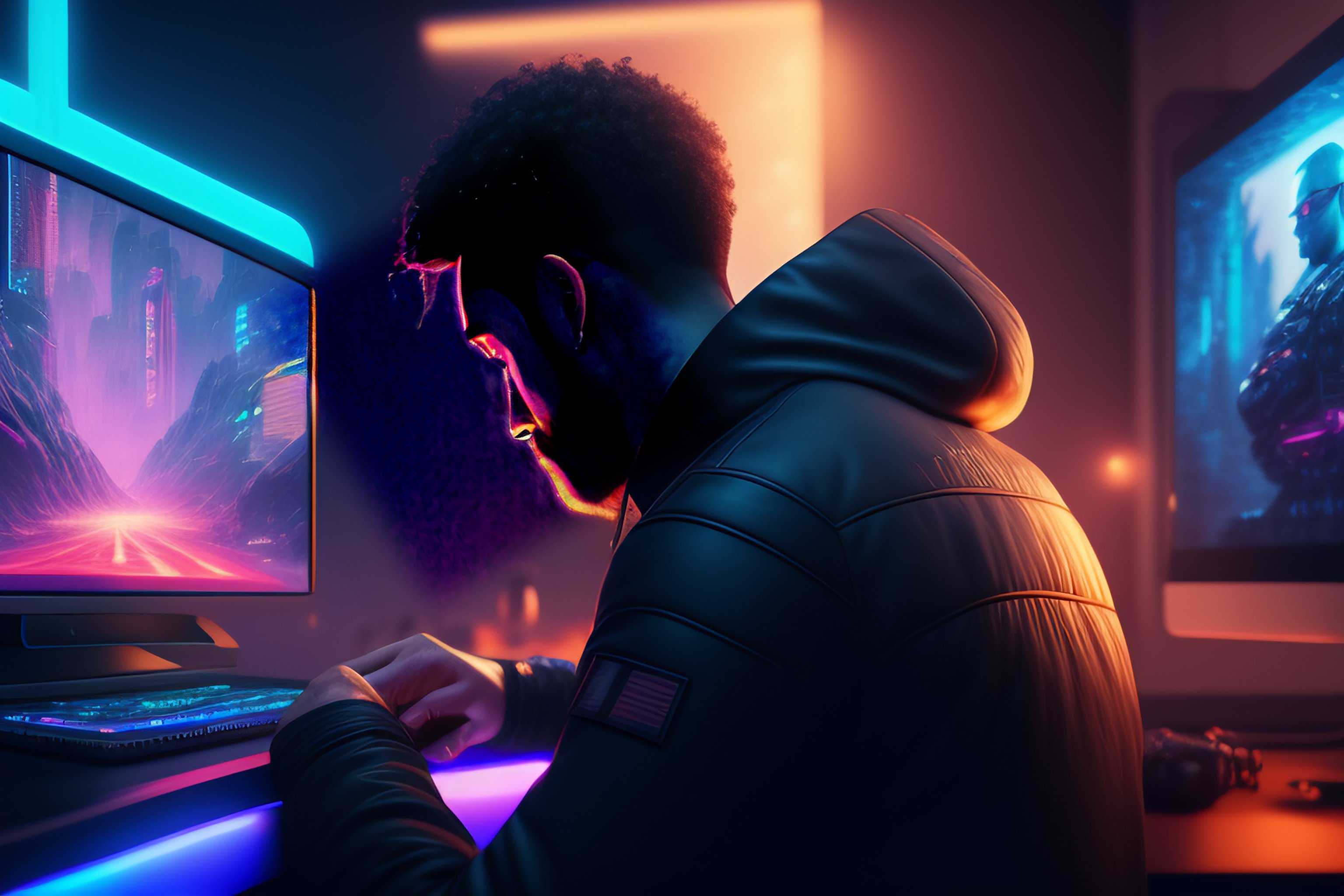 Lexica - Realistic successful man typing on laptop in gaming room, artstation trends, cyberpunk ...