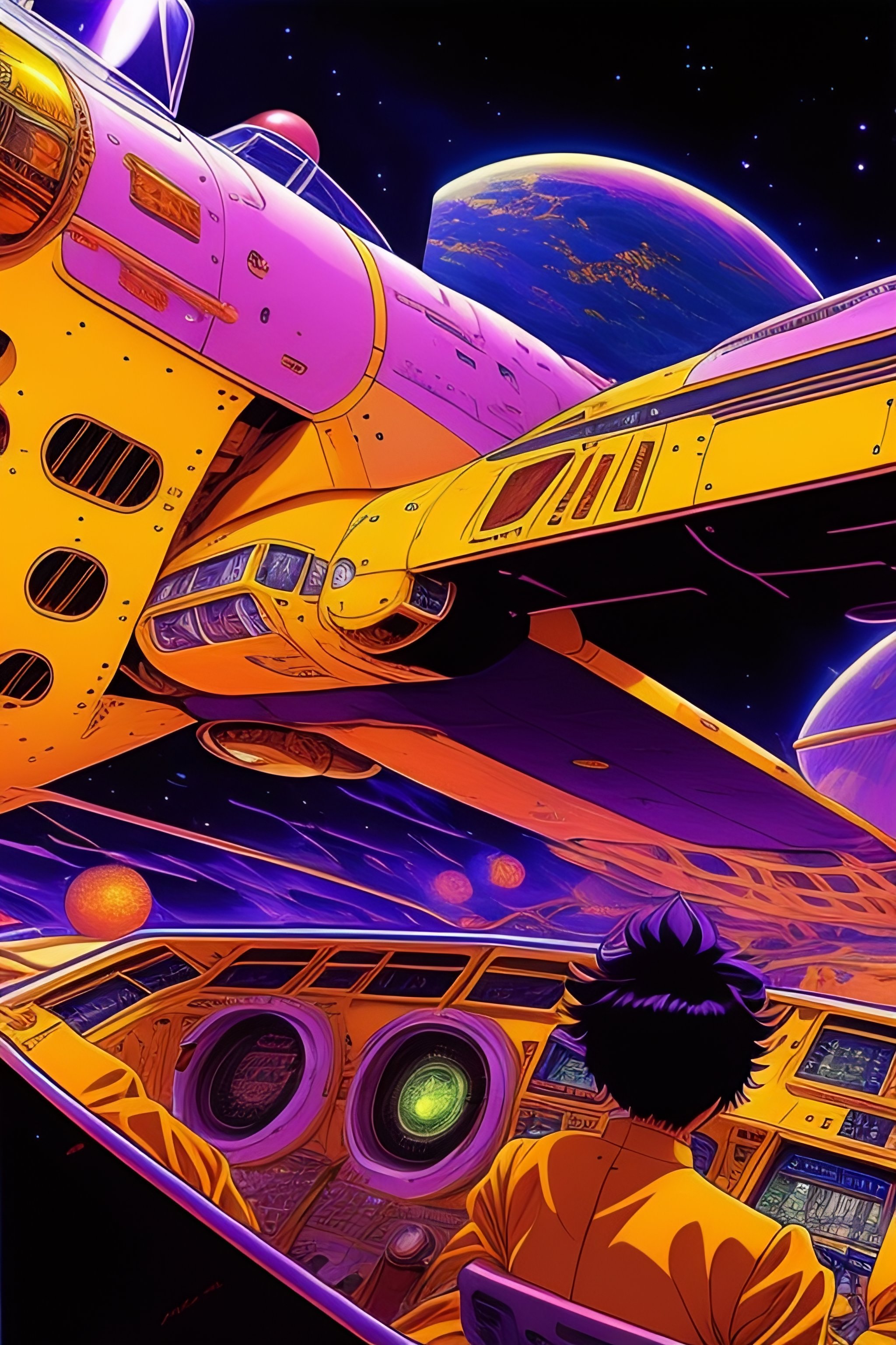 Lexica - Vintage 90's anime style. cluttered starship interior; crew ...