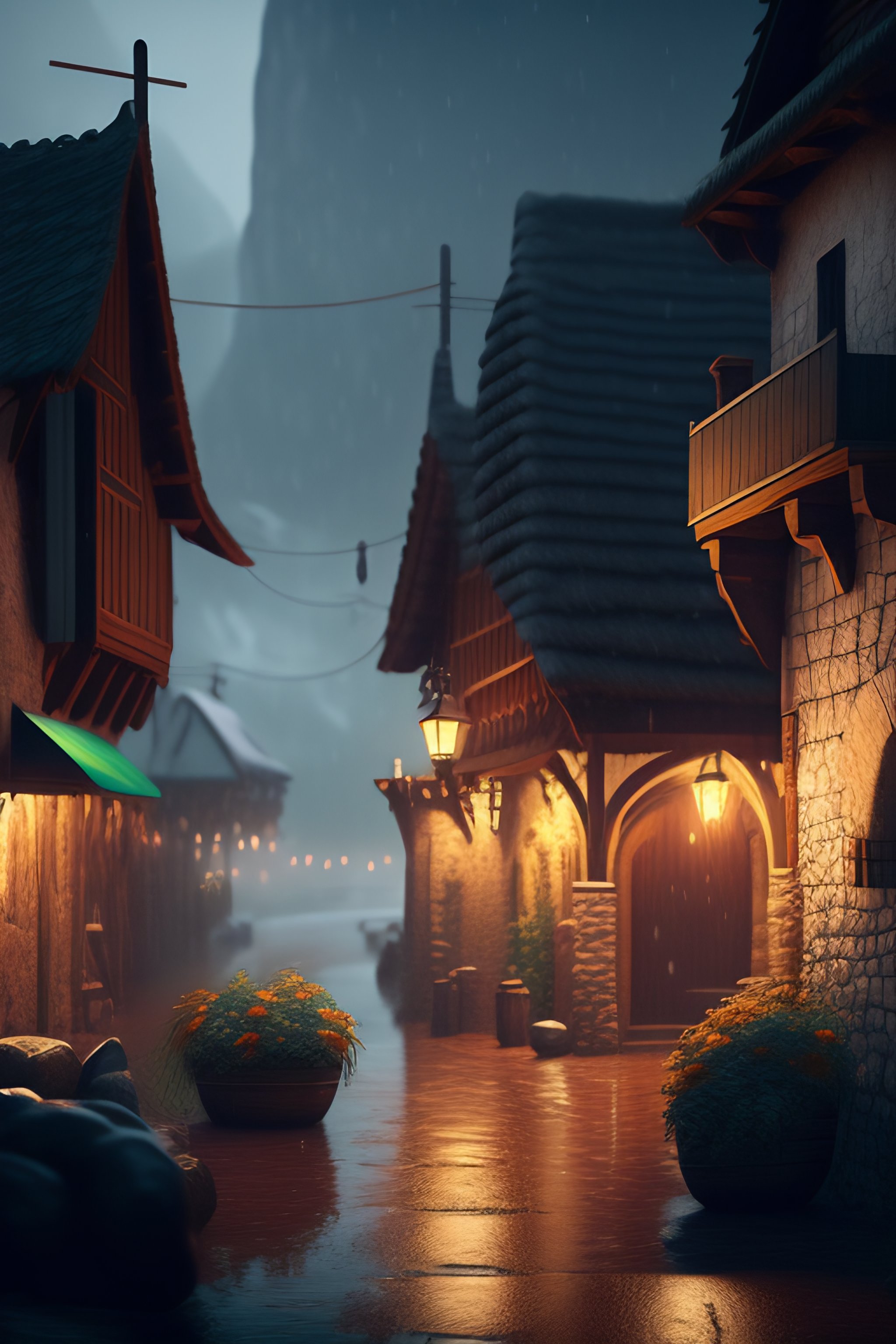 Lexica - The center of a poor medieval town under heavy rain at late ...
