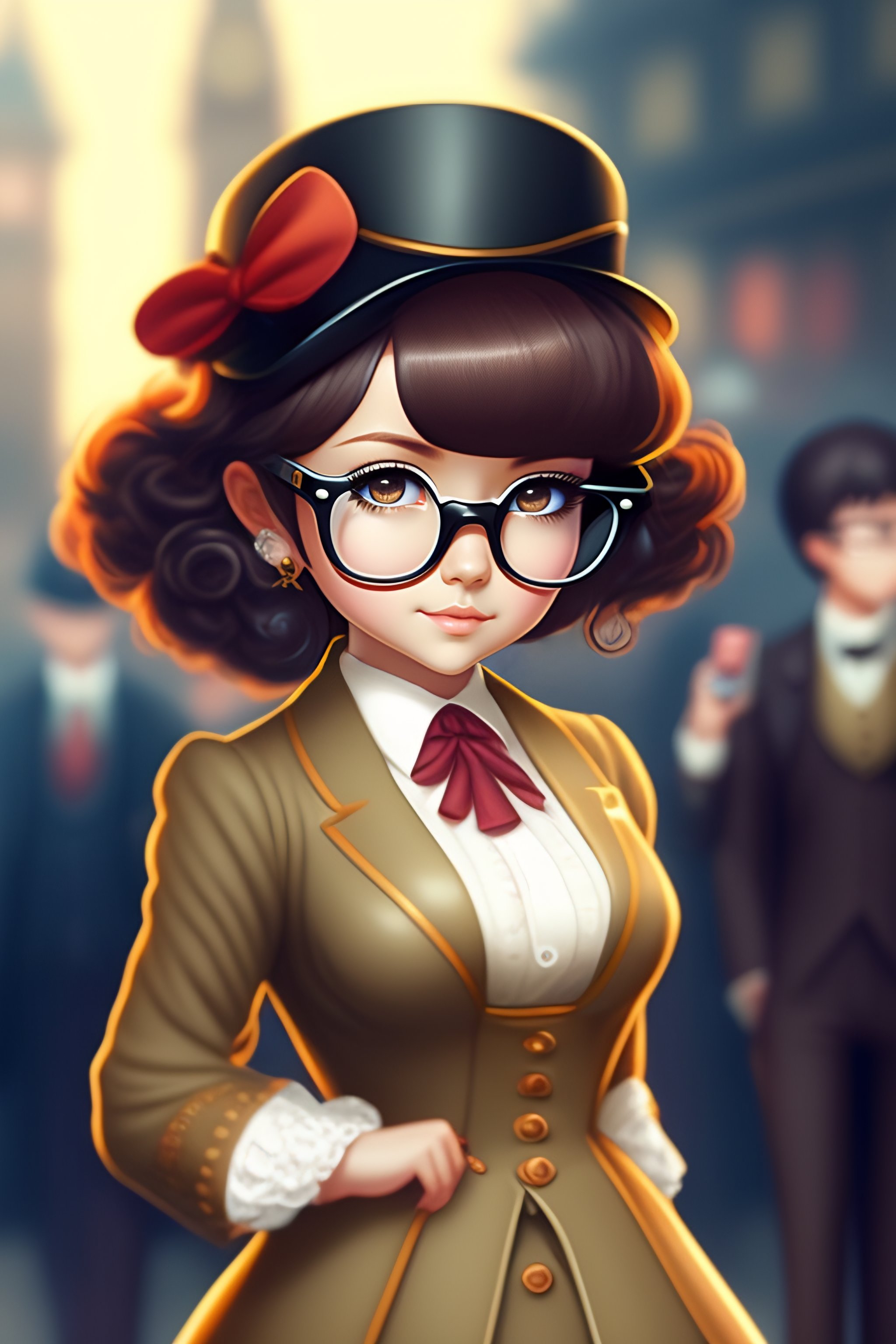 Lexica - Chibi Victorian reporter, brunette, spectacles, anime, chibi anime