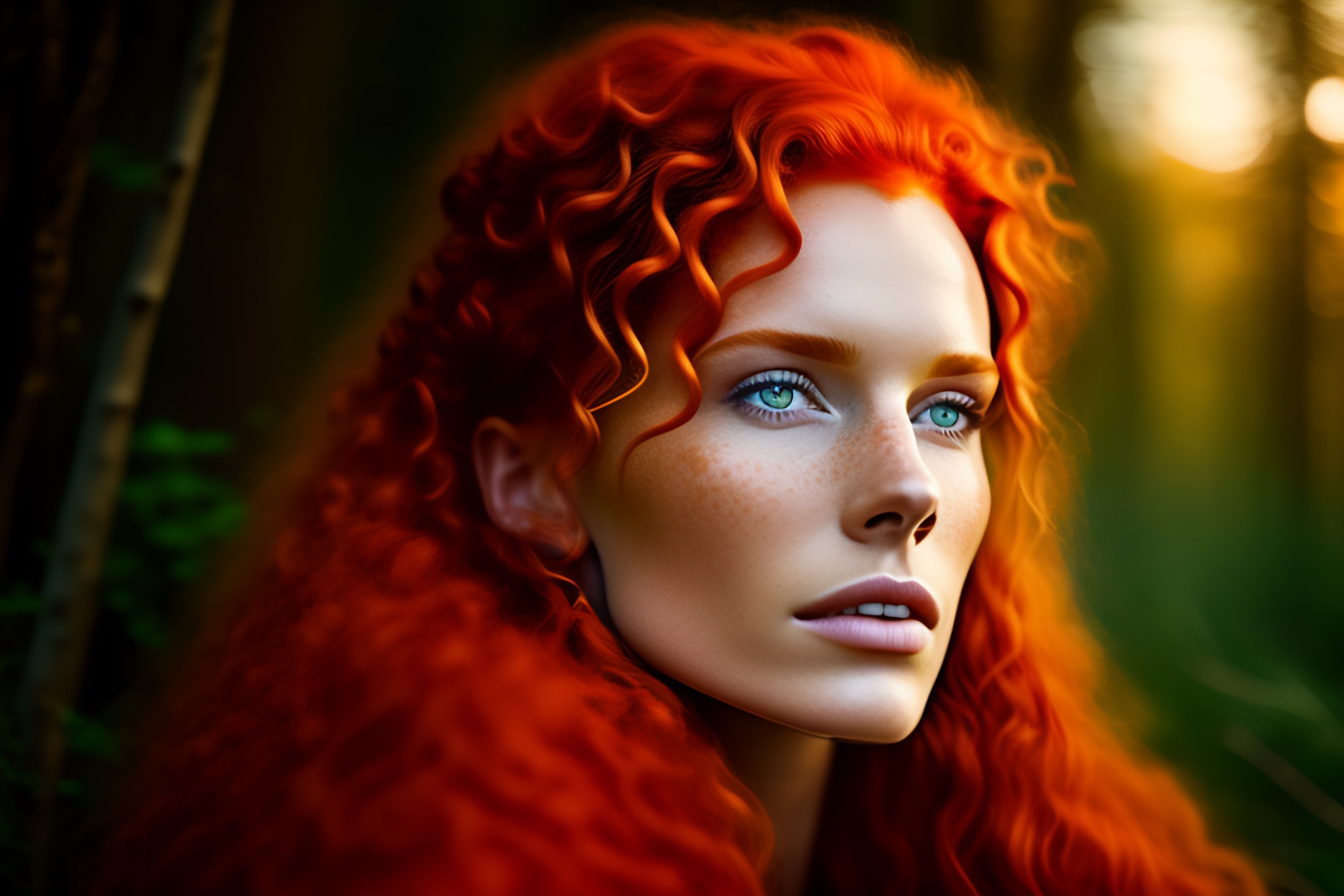 Lexica Redhead Wild Hair Orange Eyes Freckles Forest Woman