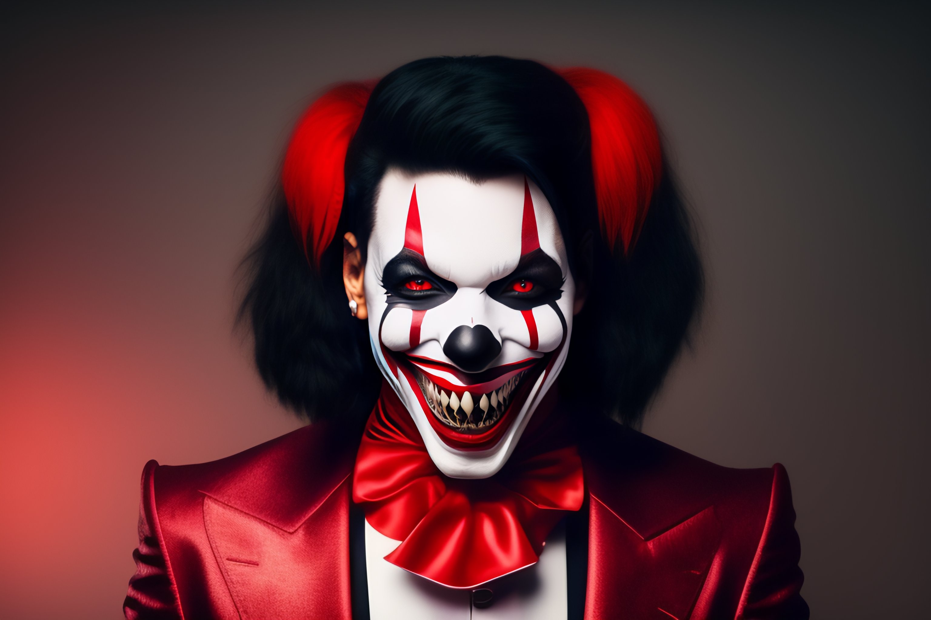 Lexica - Thin and chic terrifying clown with red eyes and black hair ...