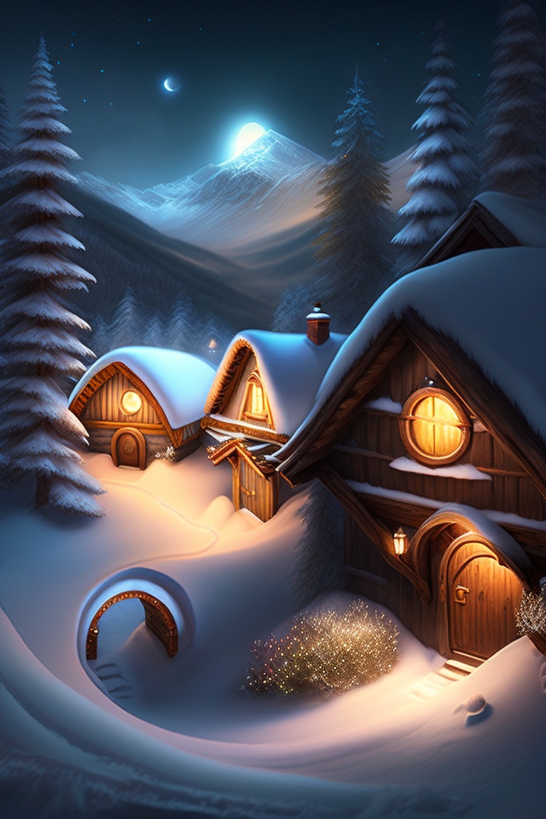 Lexica - A hobbit village with many home in winter with snow, at night ...