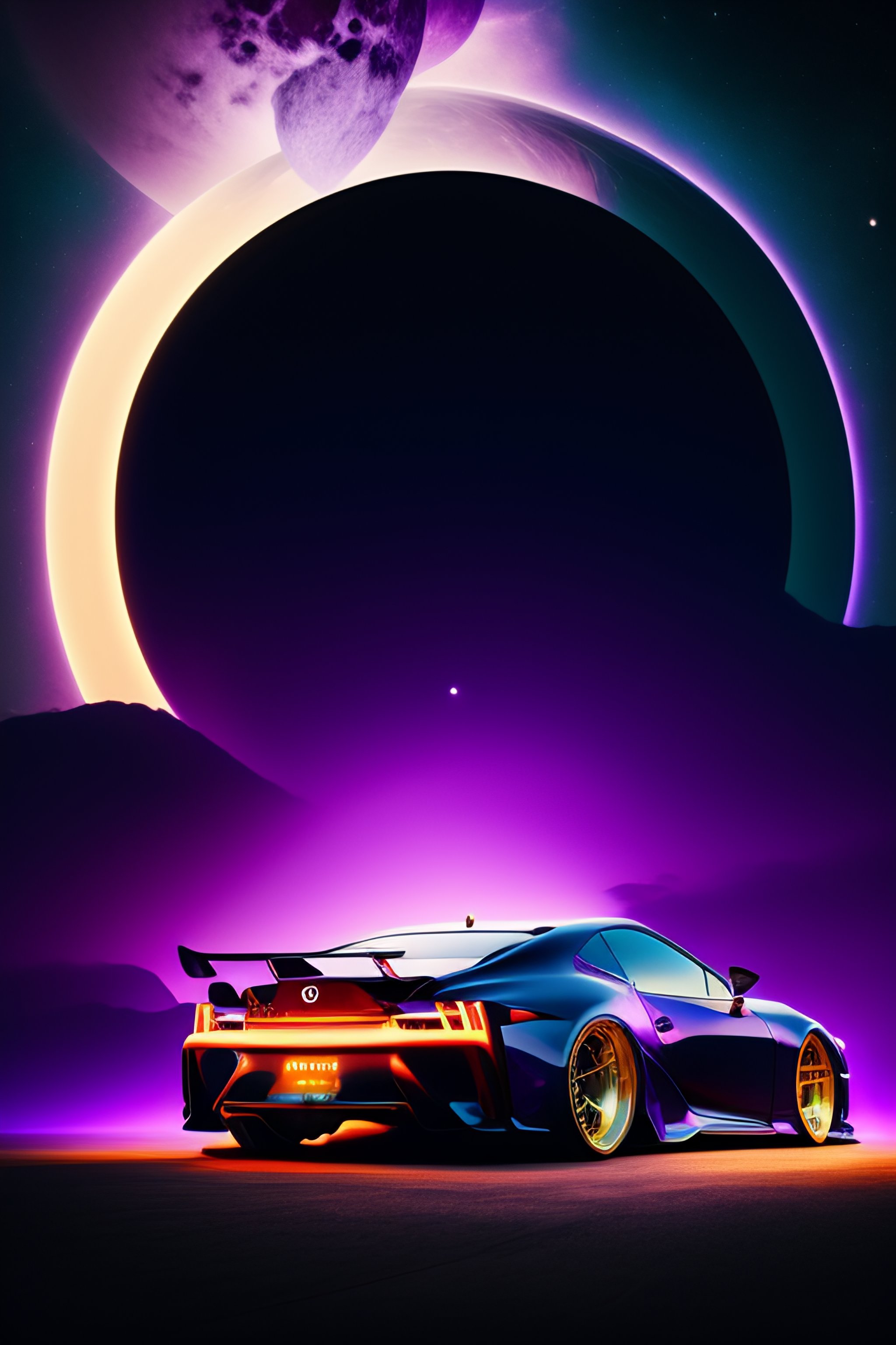 Lexica - Purple Lexus coupe fire in the background in space Huge Moon