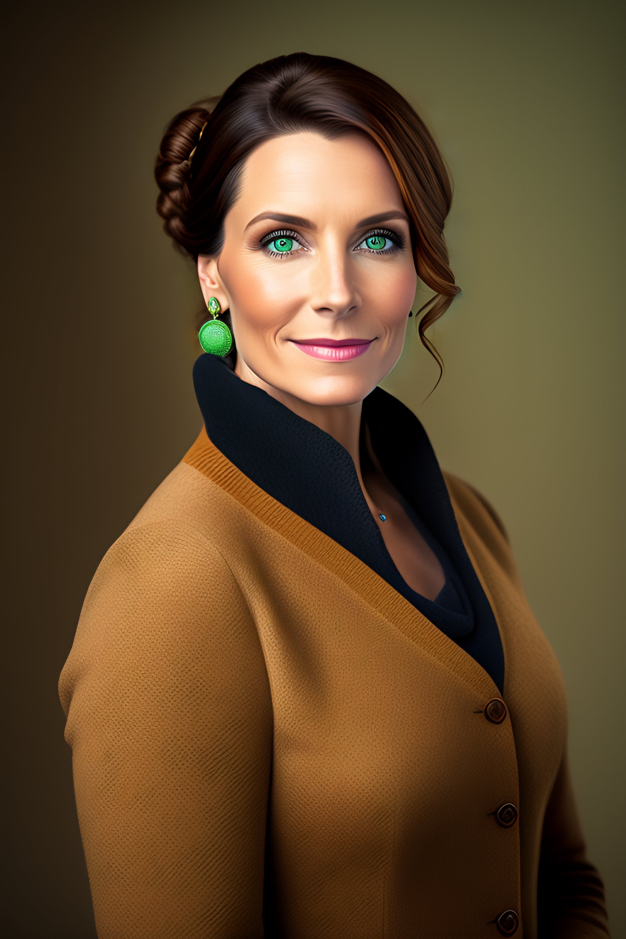 Lexica - Portrait of anna, female, 41 years, brown hair, bun, green ...