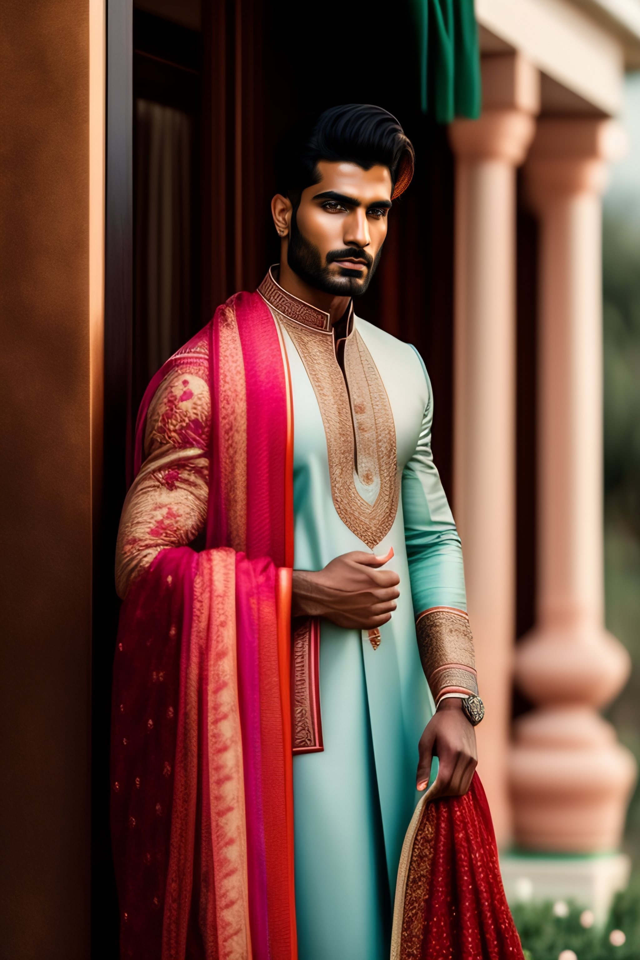 Lexica - Fashion photography, male, wearing a eid shalwar kameez ...