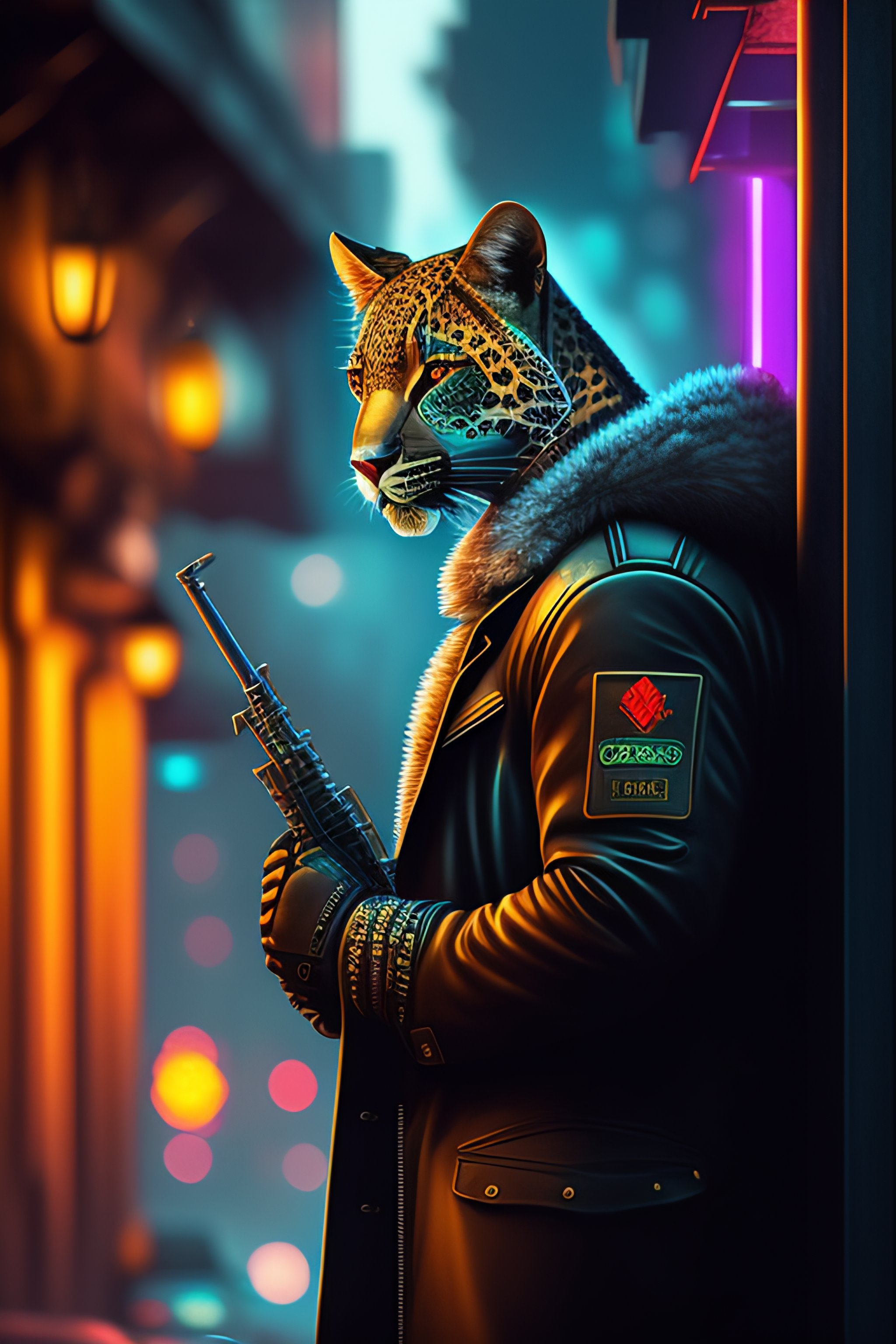 Lexica - Mercenary leopard smoking in a cyberpunk alley