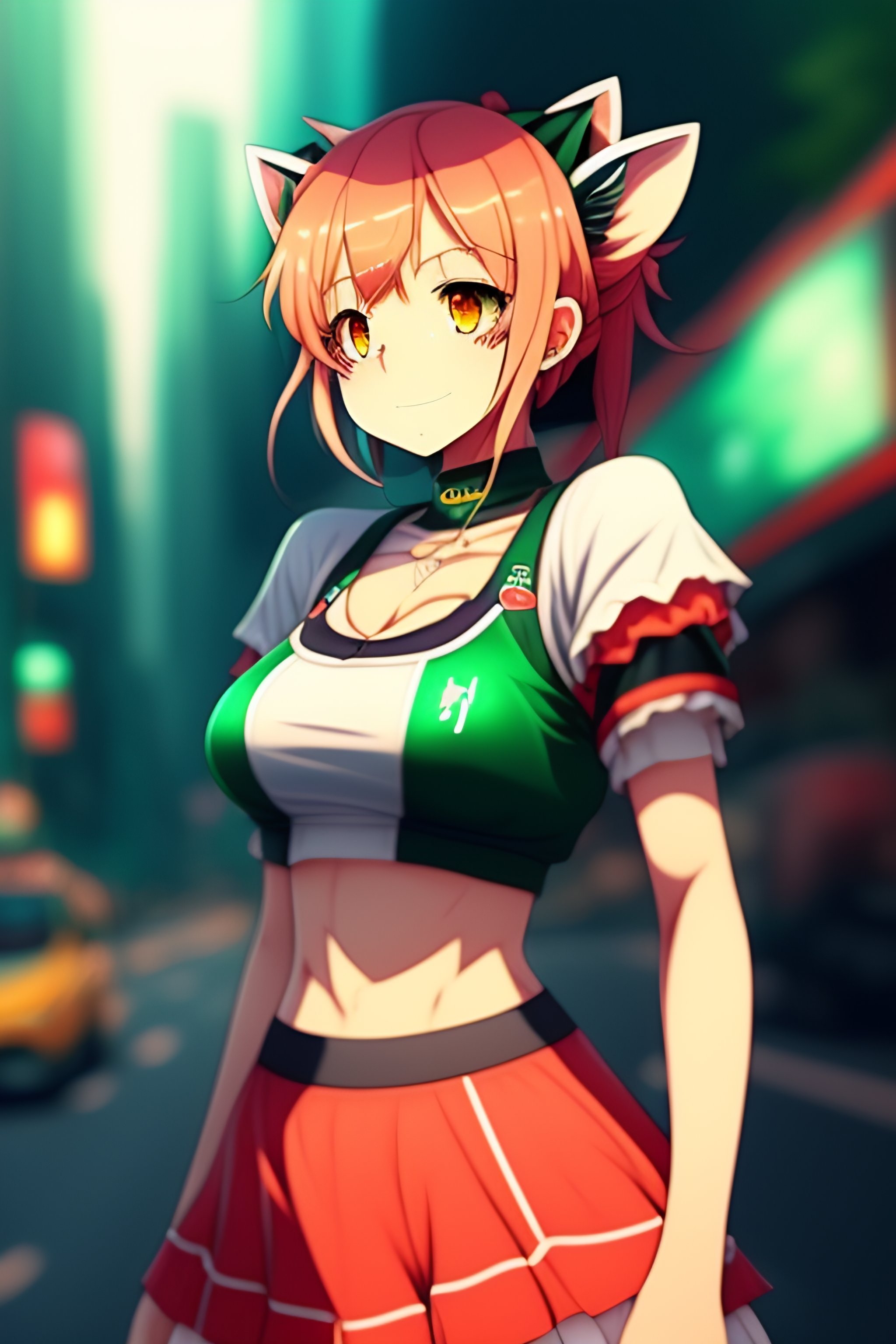 Lexica - Cute anime girl, green hair, small cat ears, pale skin, sport ...