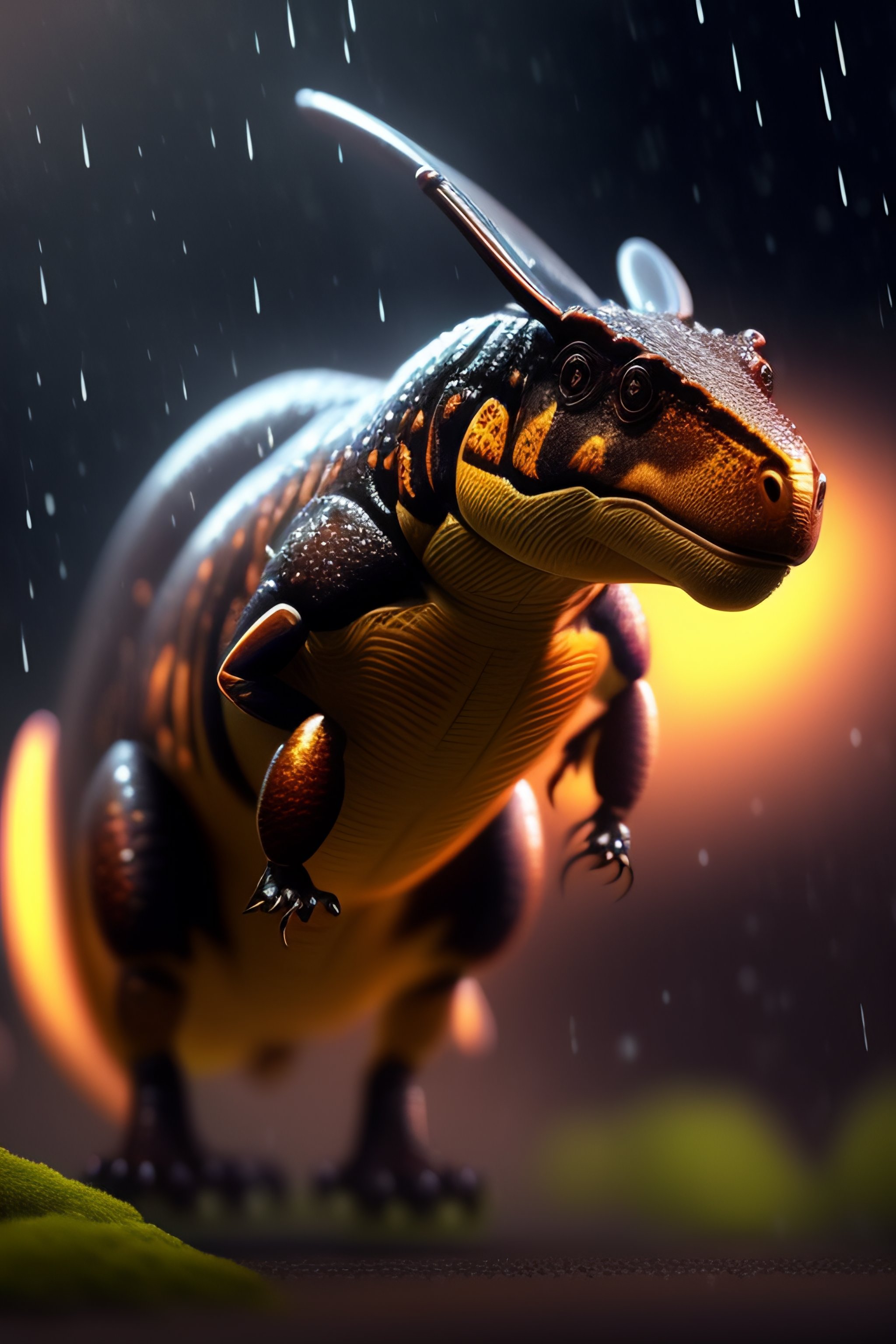 Lexica - T-rex dino bee hybrid, terrifying, rain, unreal engine
