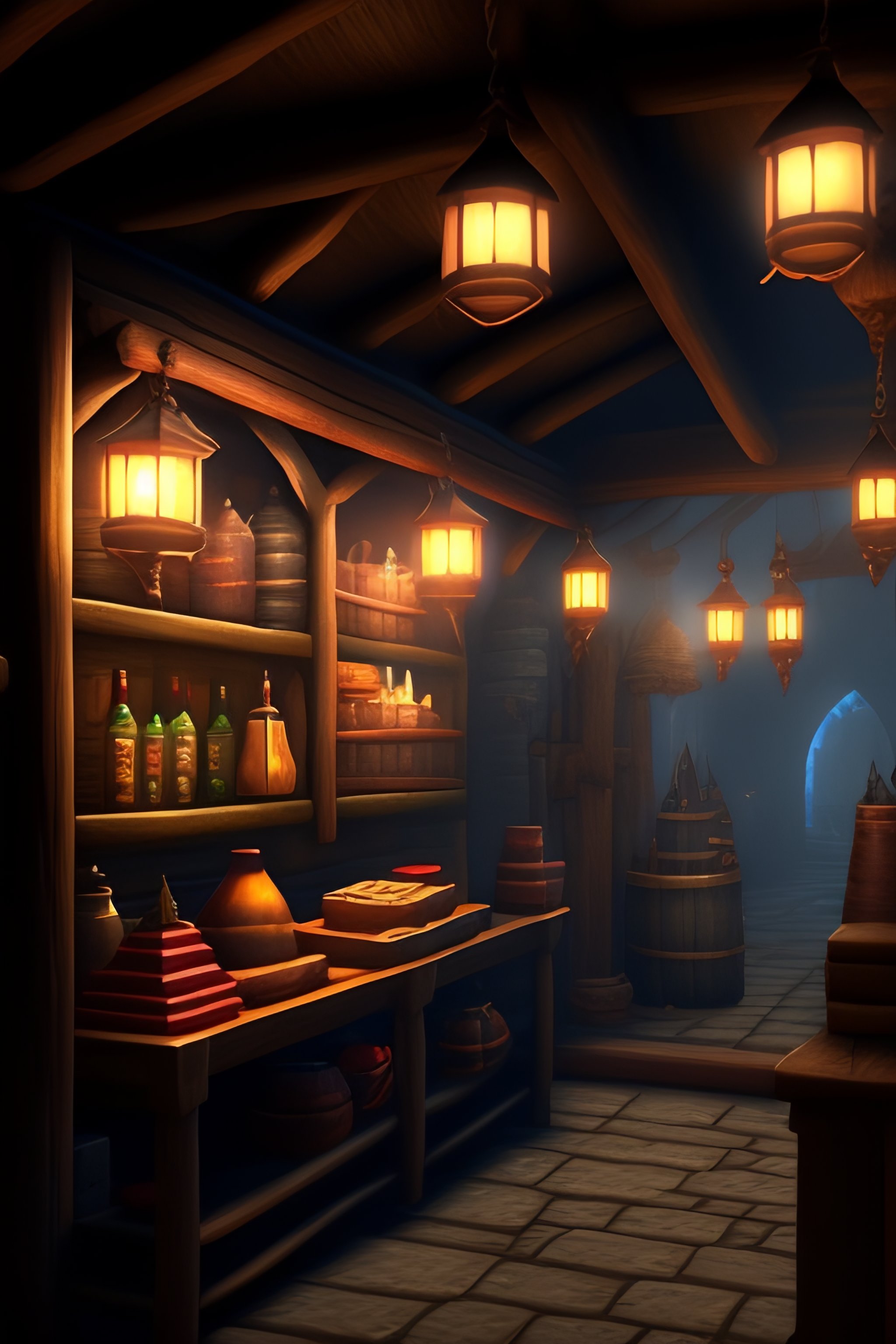 Lexica - Dimly lit medieval fantasy Merchants store, inside ...