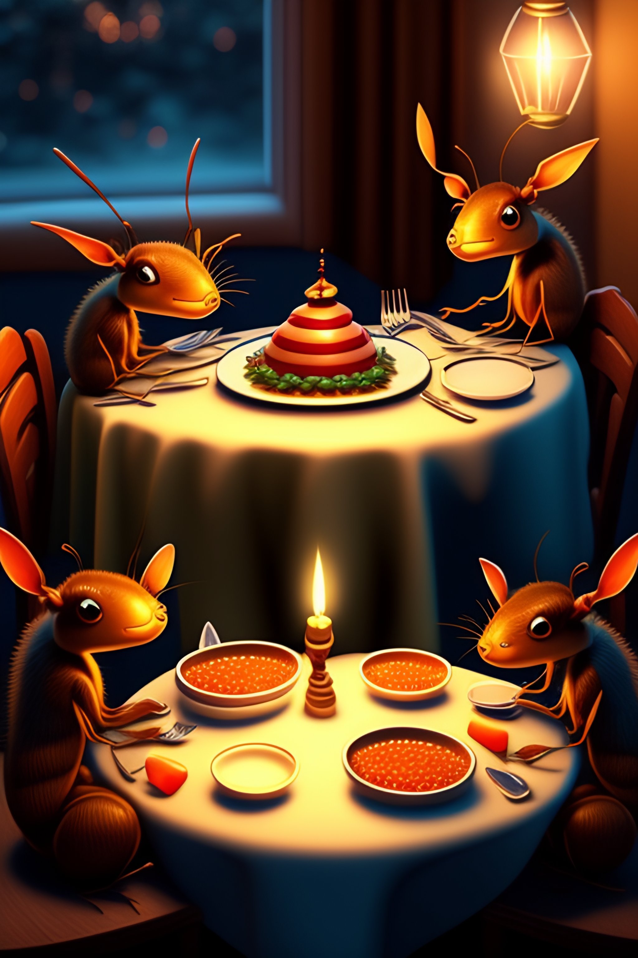 Lexica - A family of 4 ants having dinner around the table at new years ...