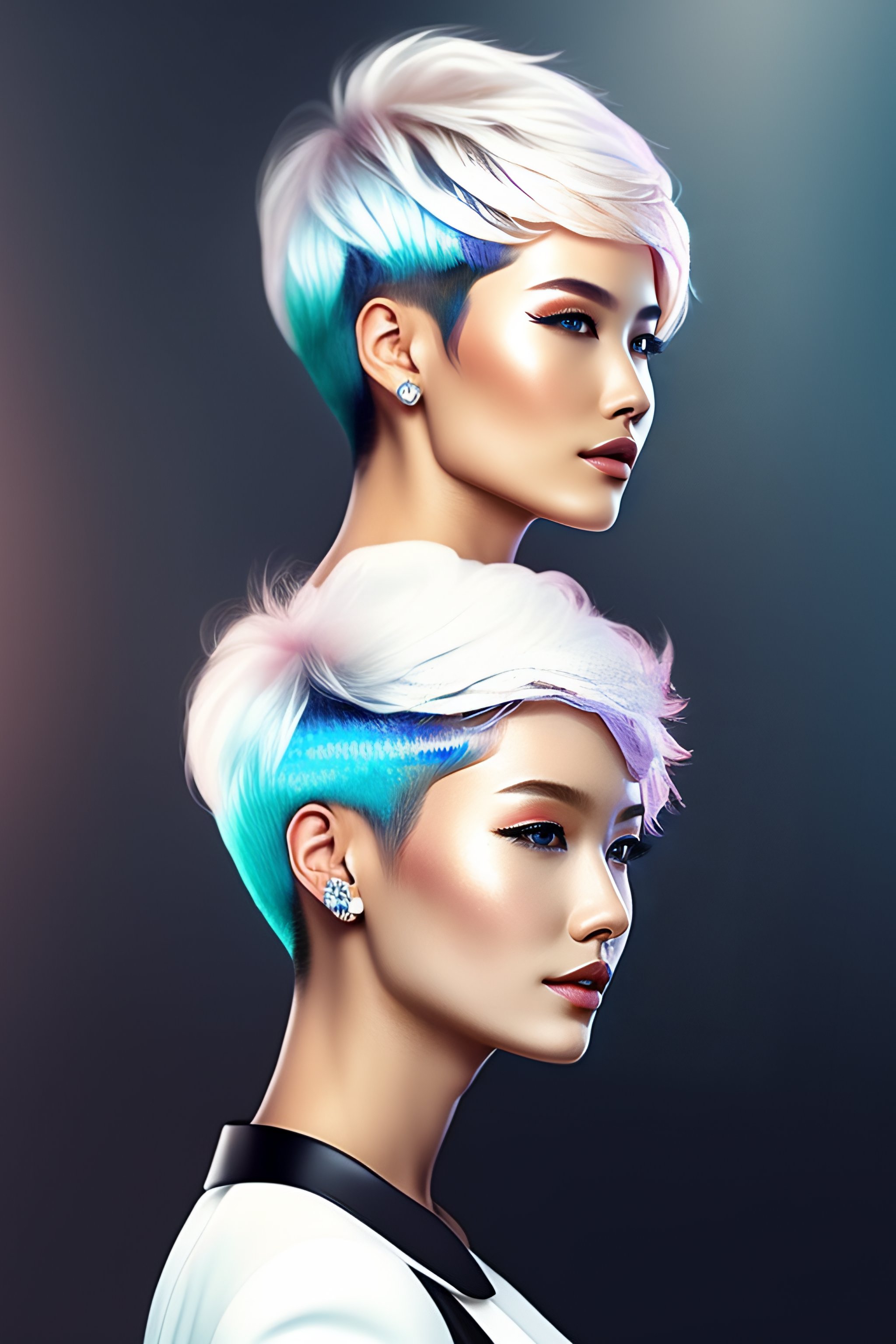 Lexica - White short pixie cut hair woman blue jacket Korean digital art