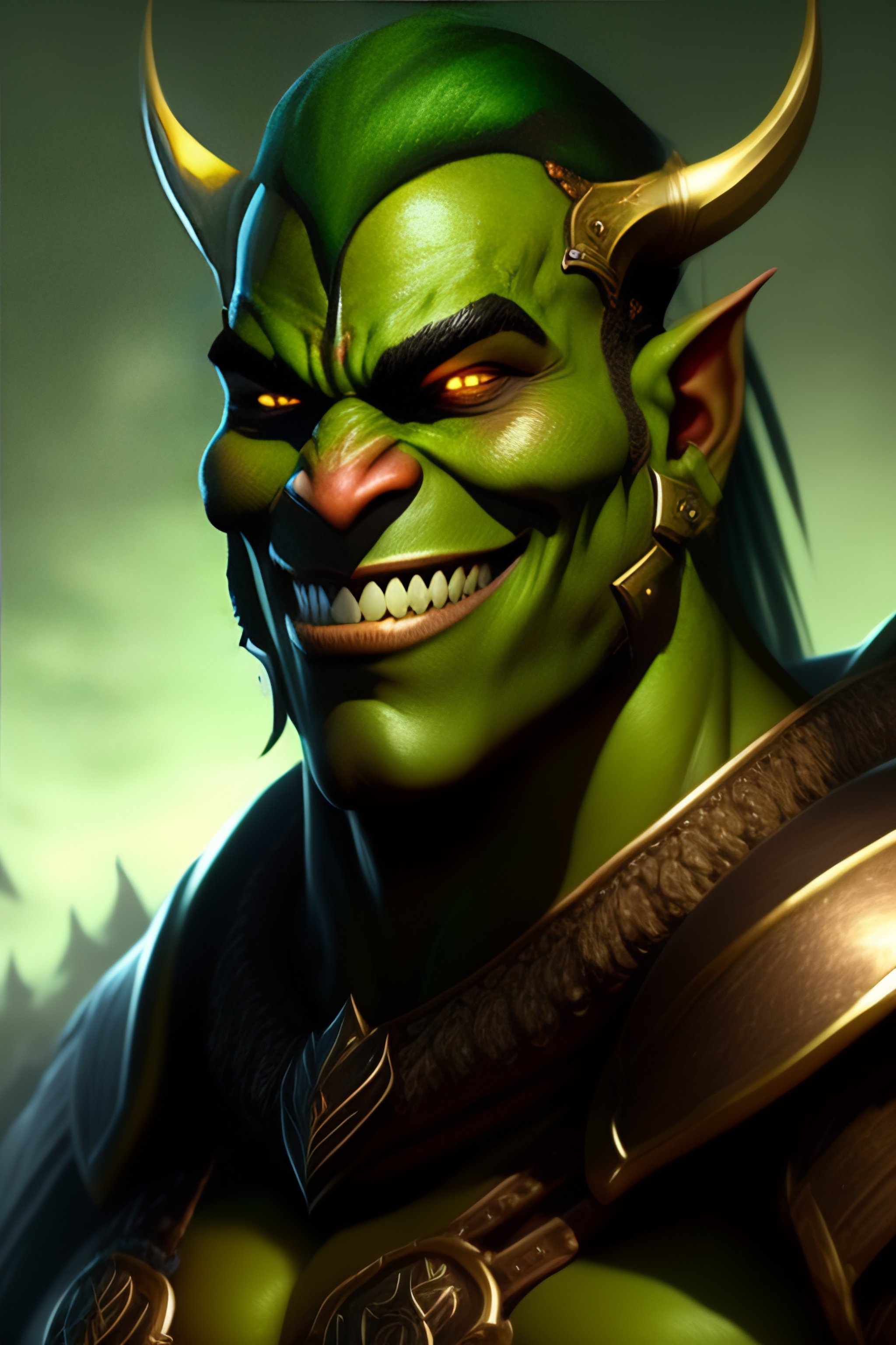 Lexica - Dark-green skinned friendly kind handsome orc, smiling