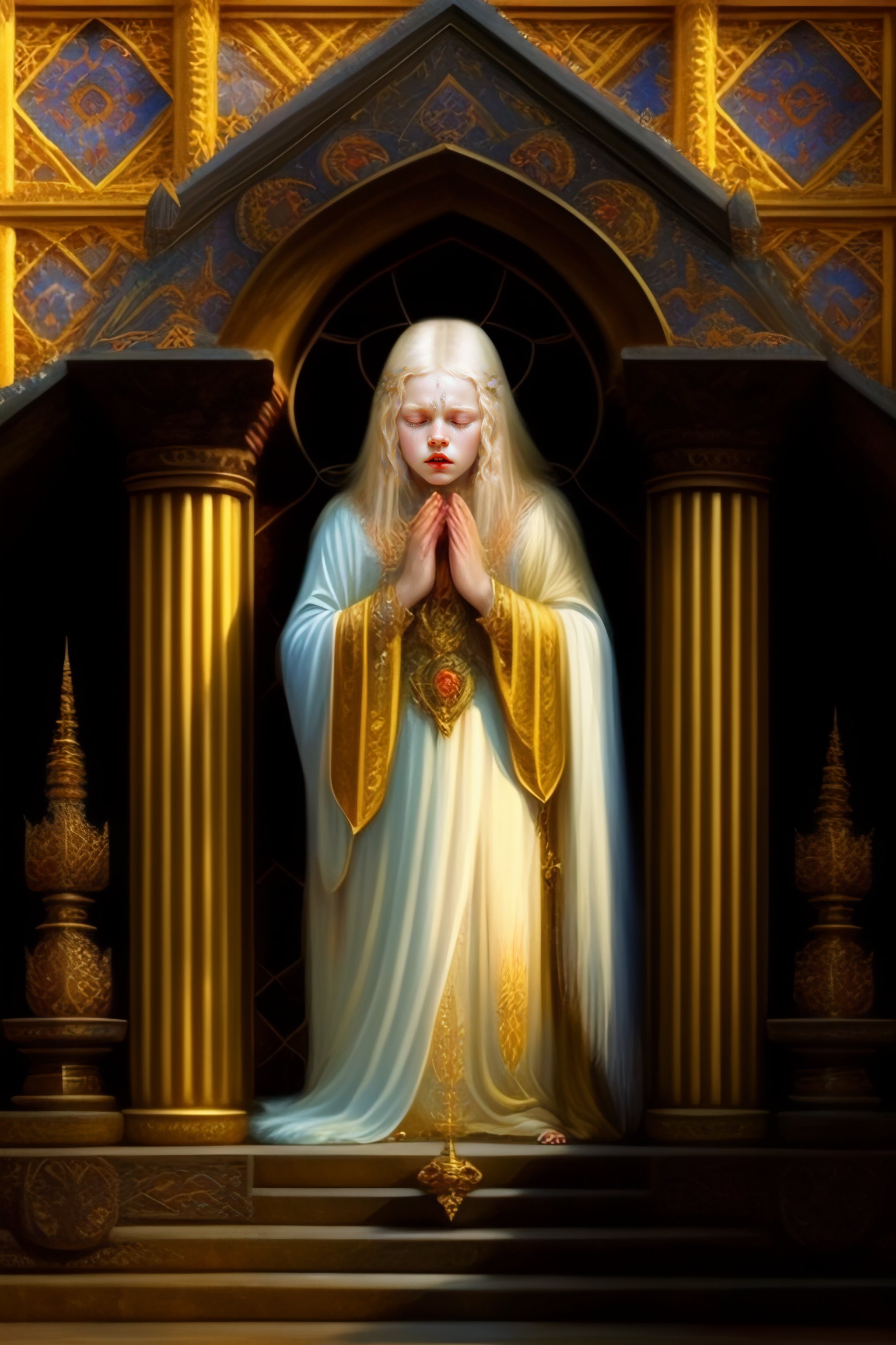 Lexica - 12 years old crying albino vampire female in a temple sitting ...