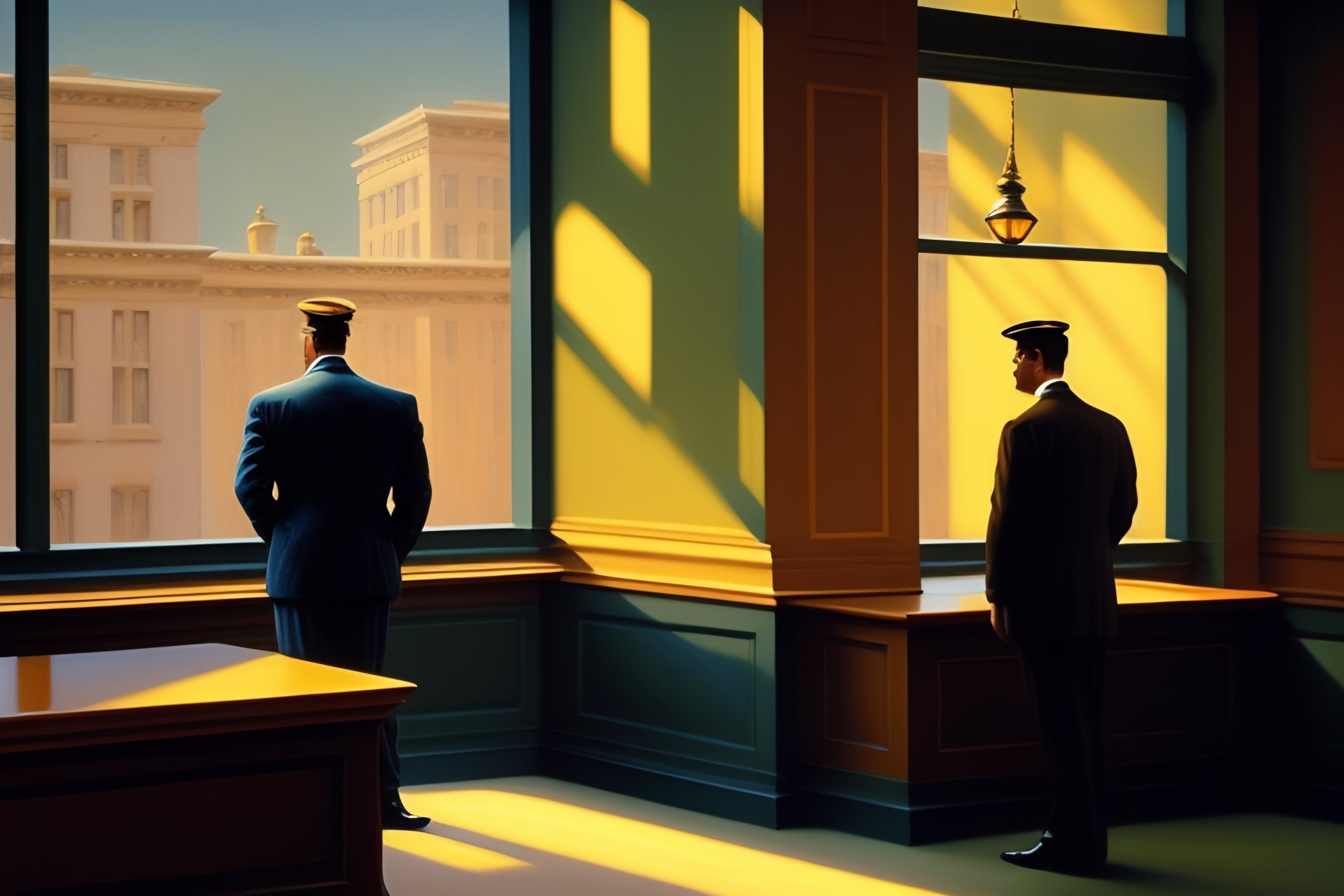 Lexica - Two arguing men, in an office, in the painting style of Edward ...