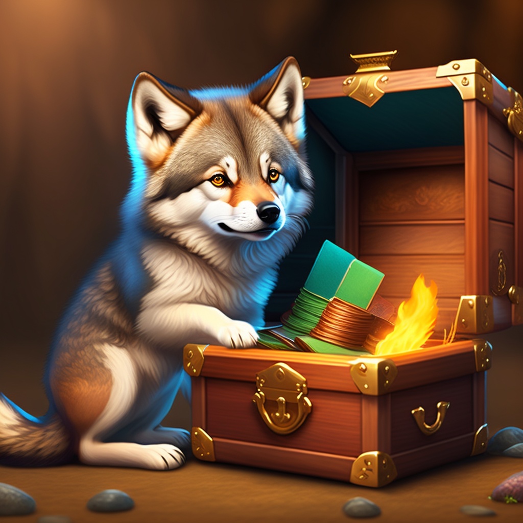 Lexica - Cute wolf cub monster guarding treasure chest, medieval background