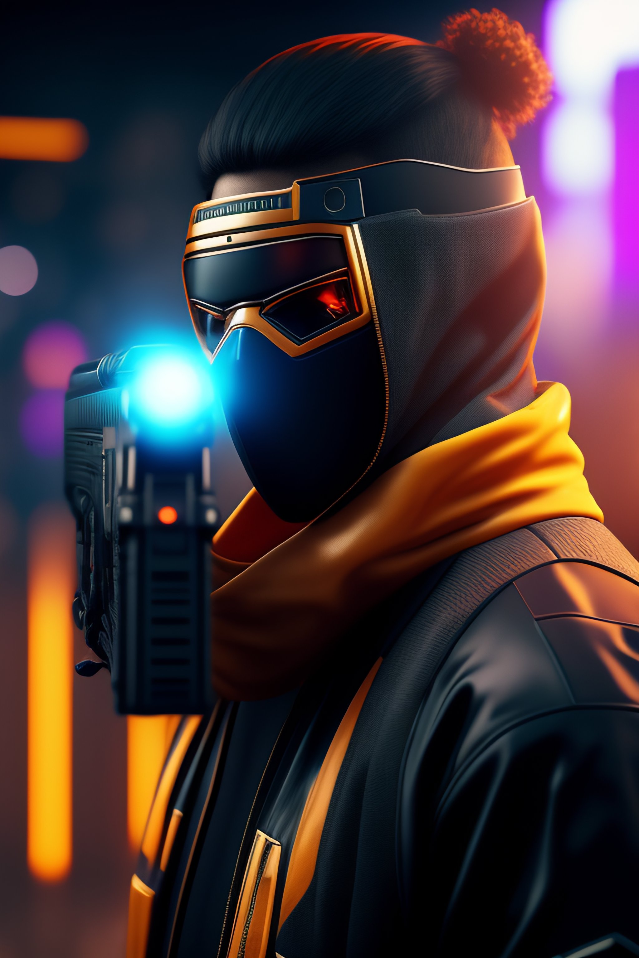 Lexica - Futeristic cyberpunk masked assassin, shooting gun, hyper ...