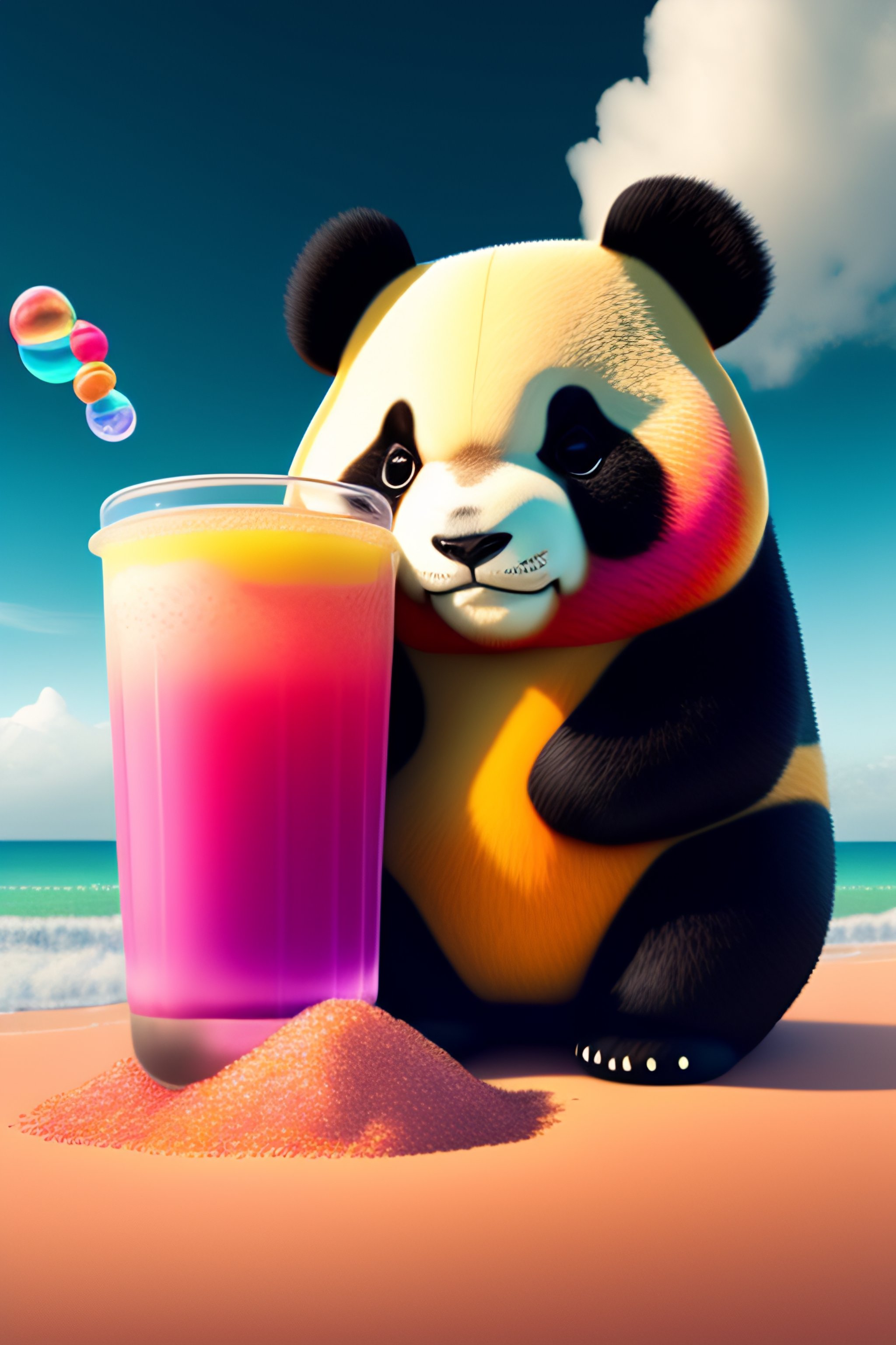Lexica - Pikachu drinking bubble tea with a cute giant panda on a beach ...