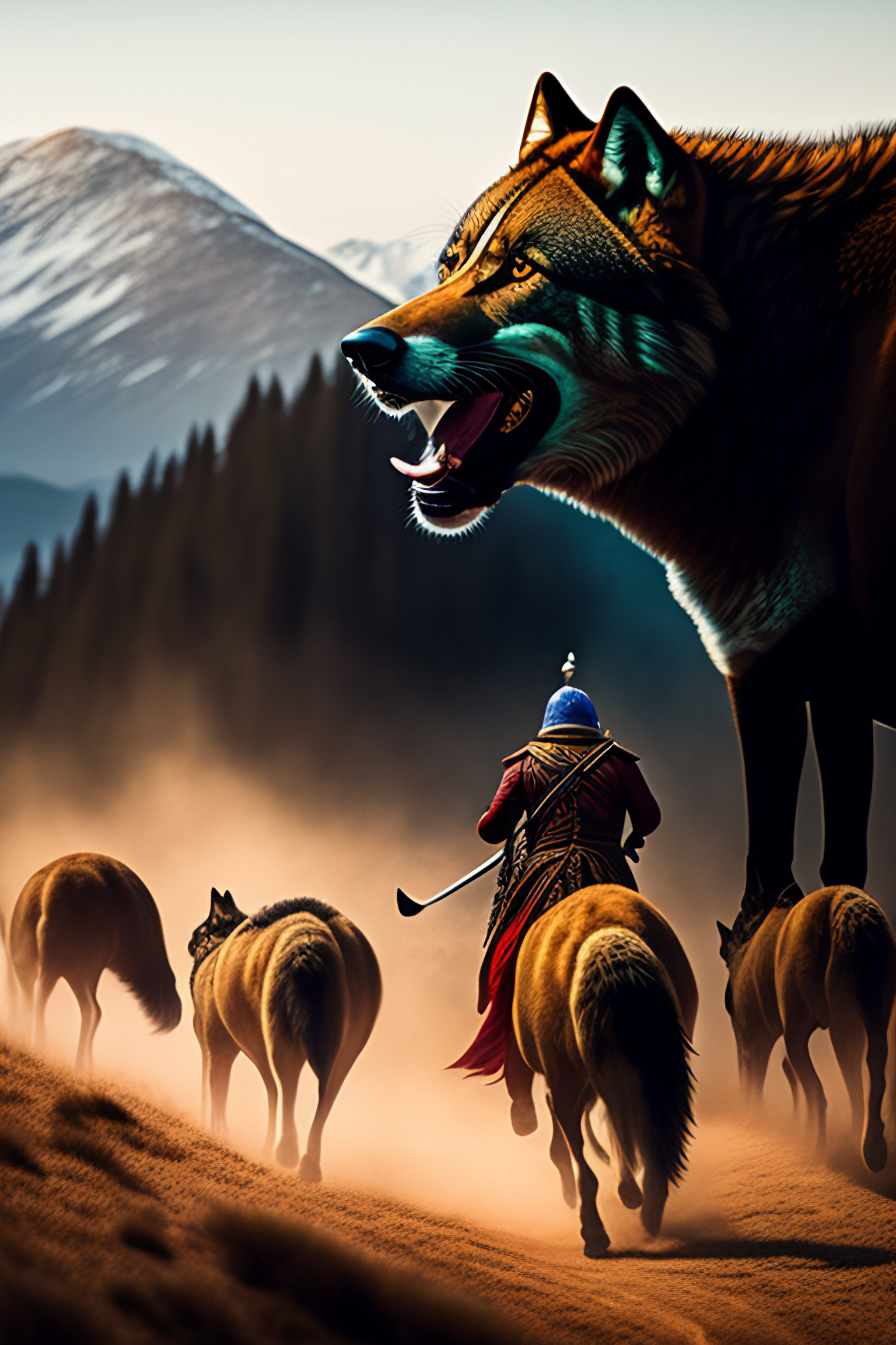 Lexica - Ancient warrior chased by wolves