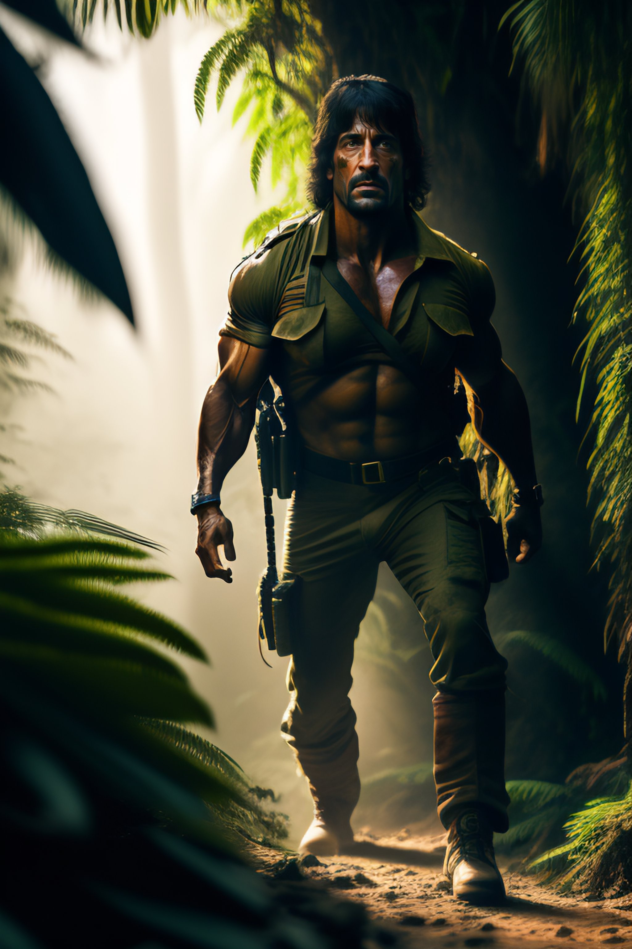 Lexica - Action shot of john rambo in a jungle, cinematic lighting, brutal, dust, sweat, hyper ...