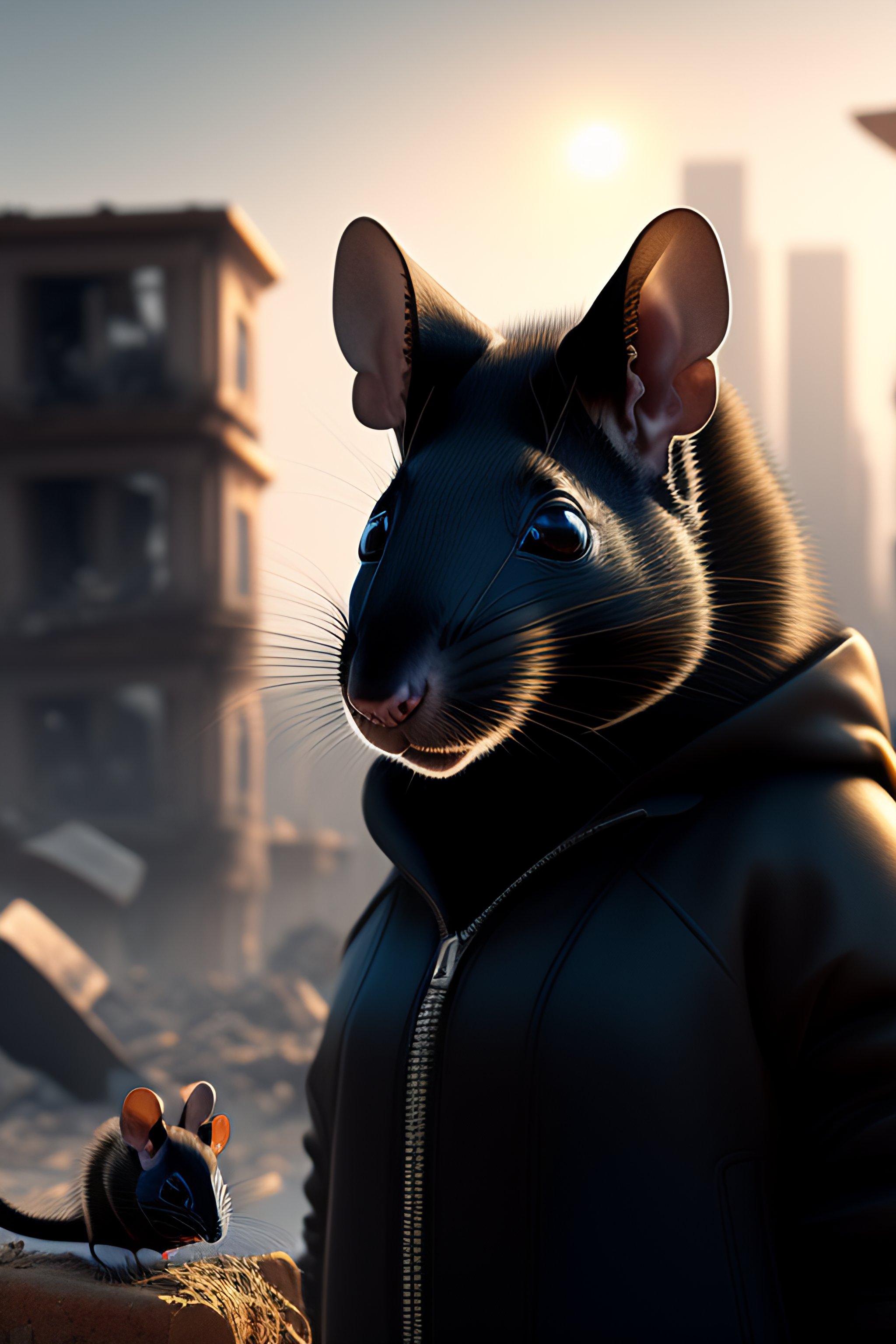 Lexica - Two clothed black rats in front of a destroyed city