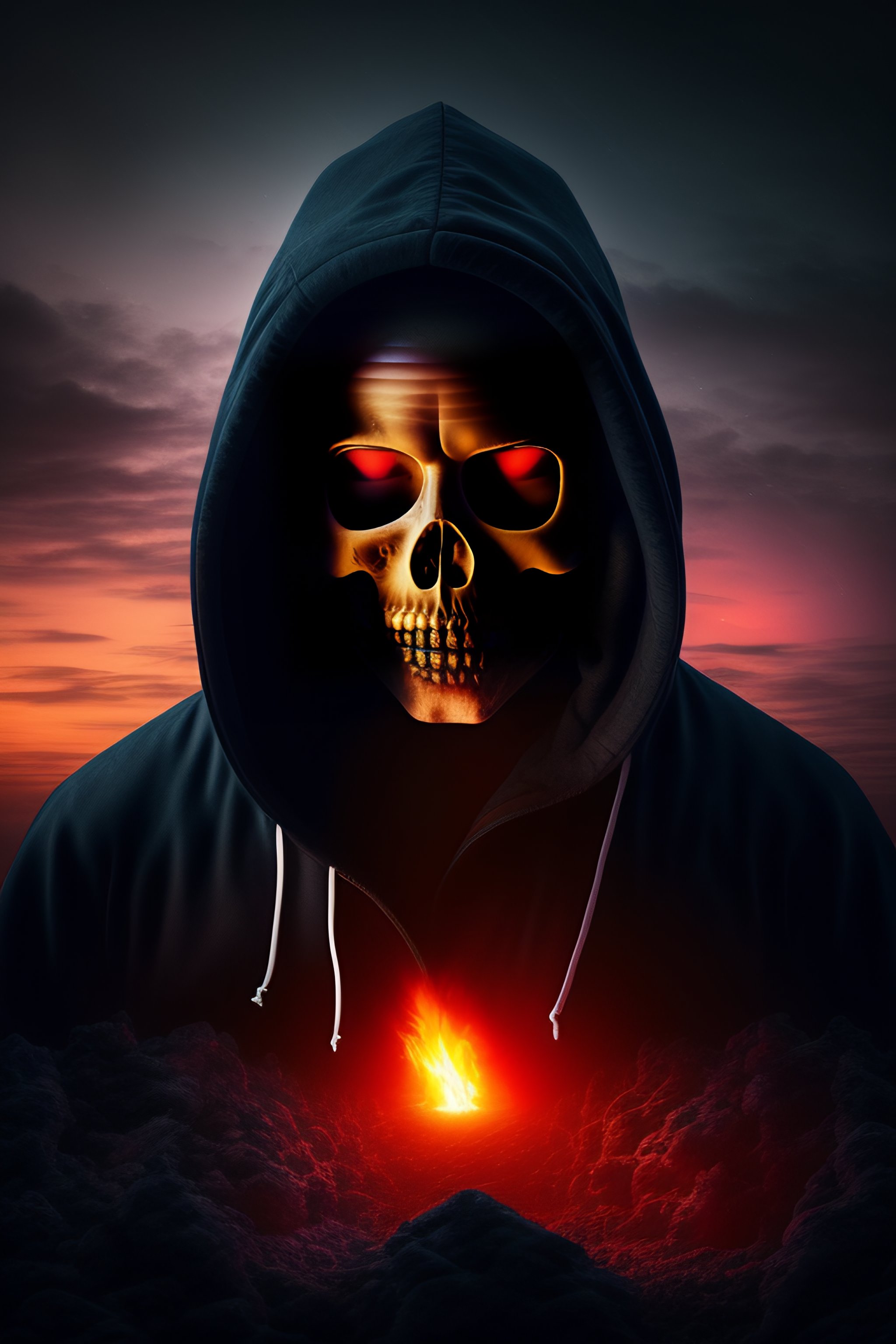 Lexica - Face of death with a hoodie in hell, above a pile of corpses ...