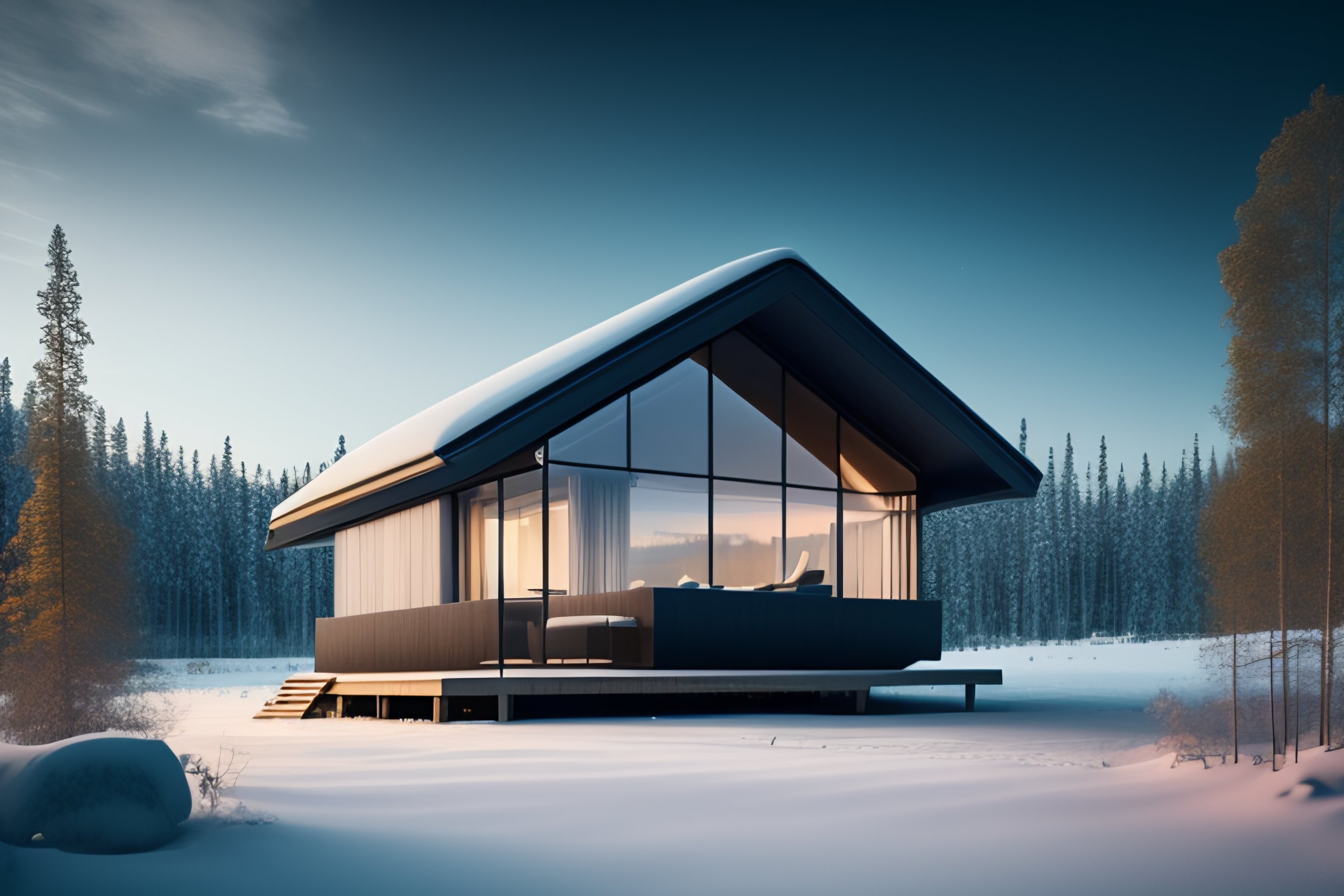 Lexica - A wide image of a full innovative 3D contemporary cabin, hyper ...