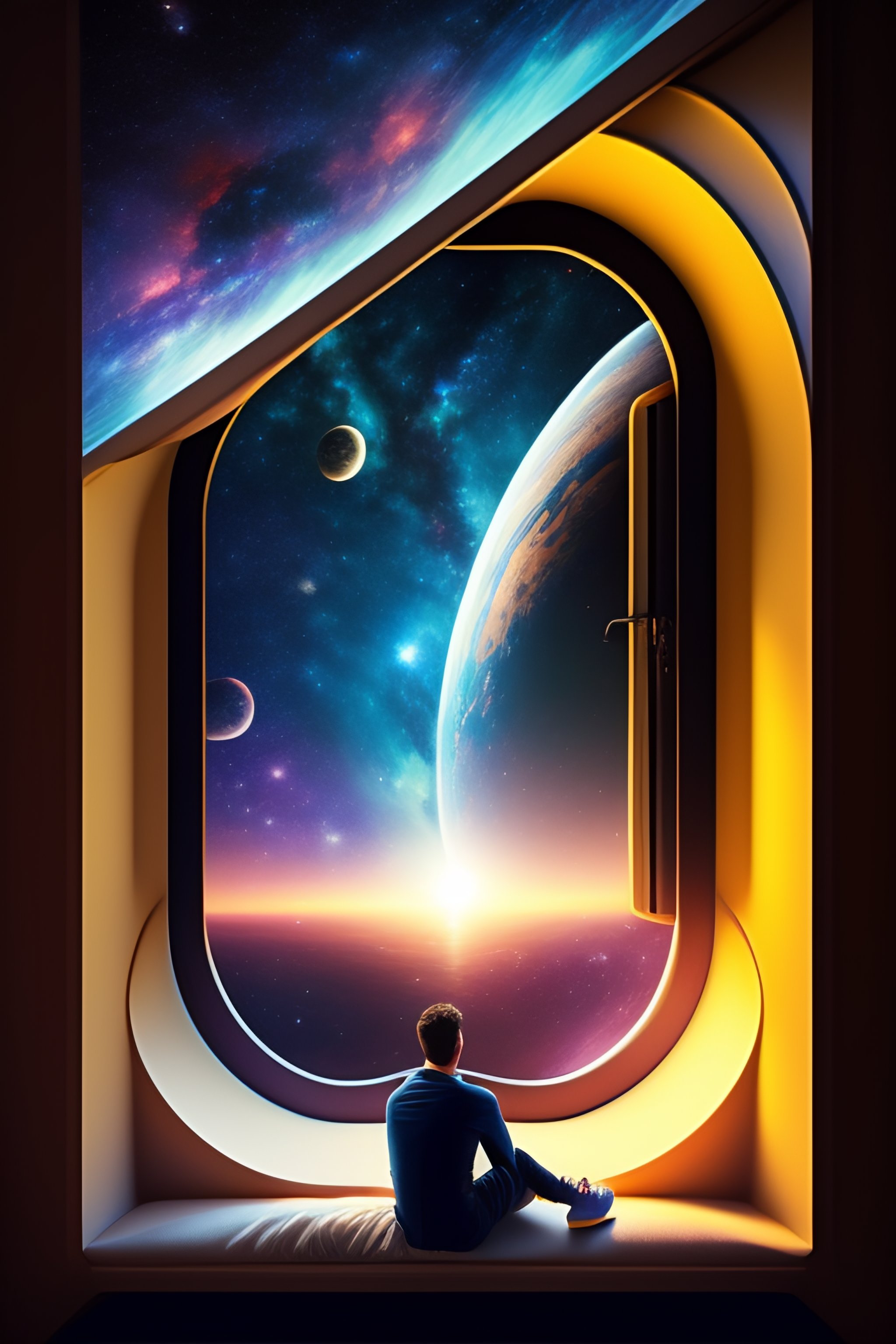 Lexica - Human, sitting sad in spaceship, gazing at view of galaxy in ...