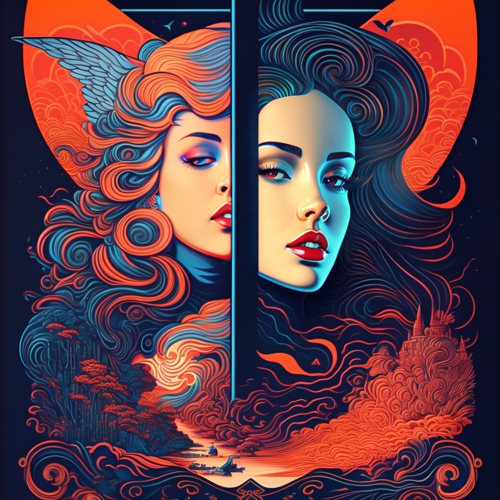 Lexica - Opposing forces in the style of james jean, linocut, high ...