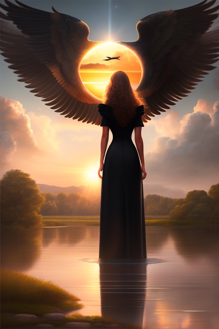 Lexica - A back side of a lady with a black long dress near a pond ...