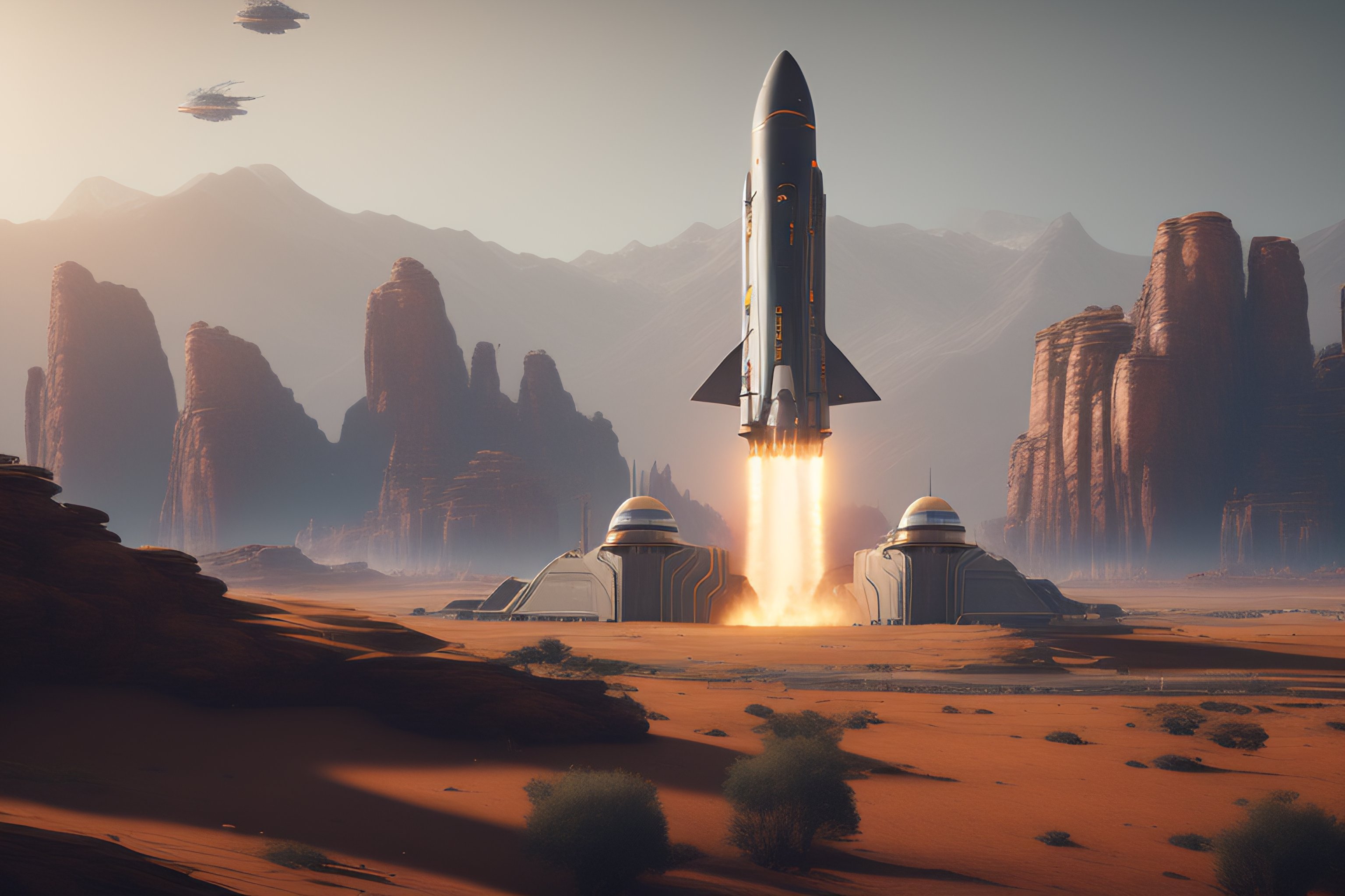 Lexica - Grey scifi space rocket, fired from launch platform, exhaust engine fire, landscape ...