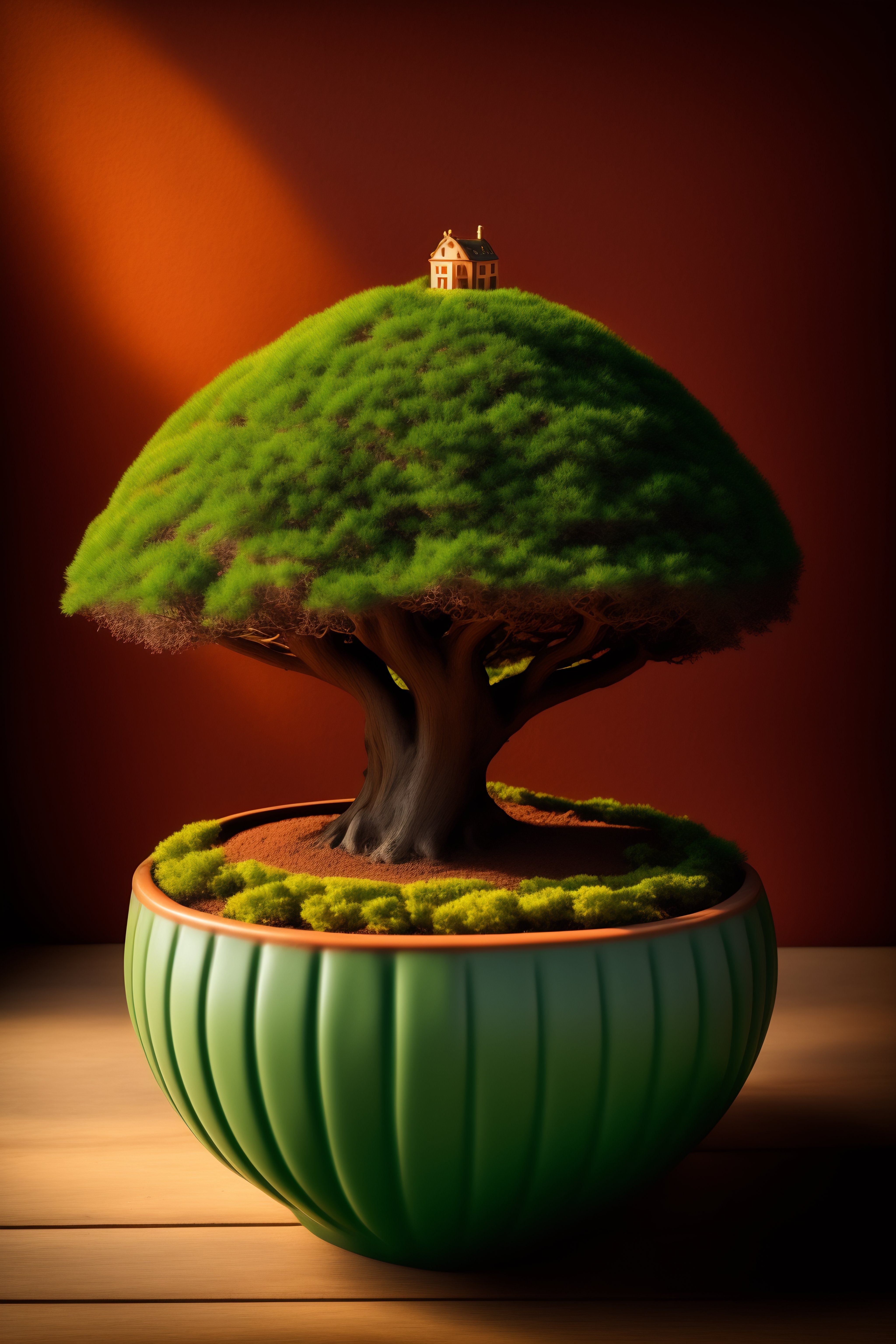 Lexica - Terracotta plant pot at the base of a tree, inside the pot is ...