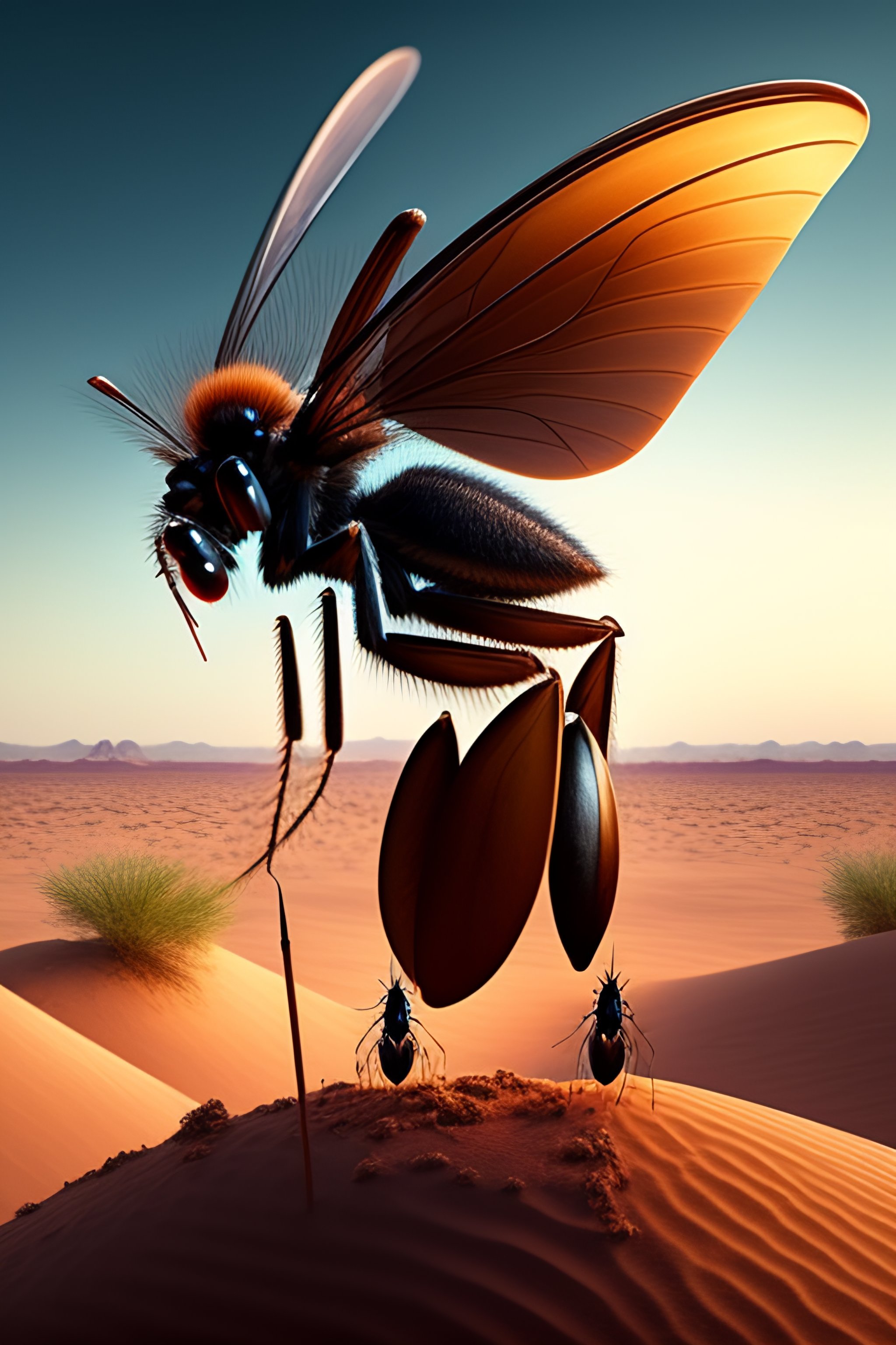 Lexica - A humanoid mosquito standing with a desert with a spear.