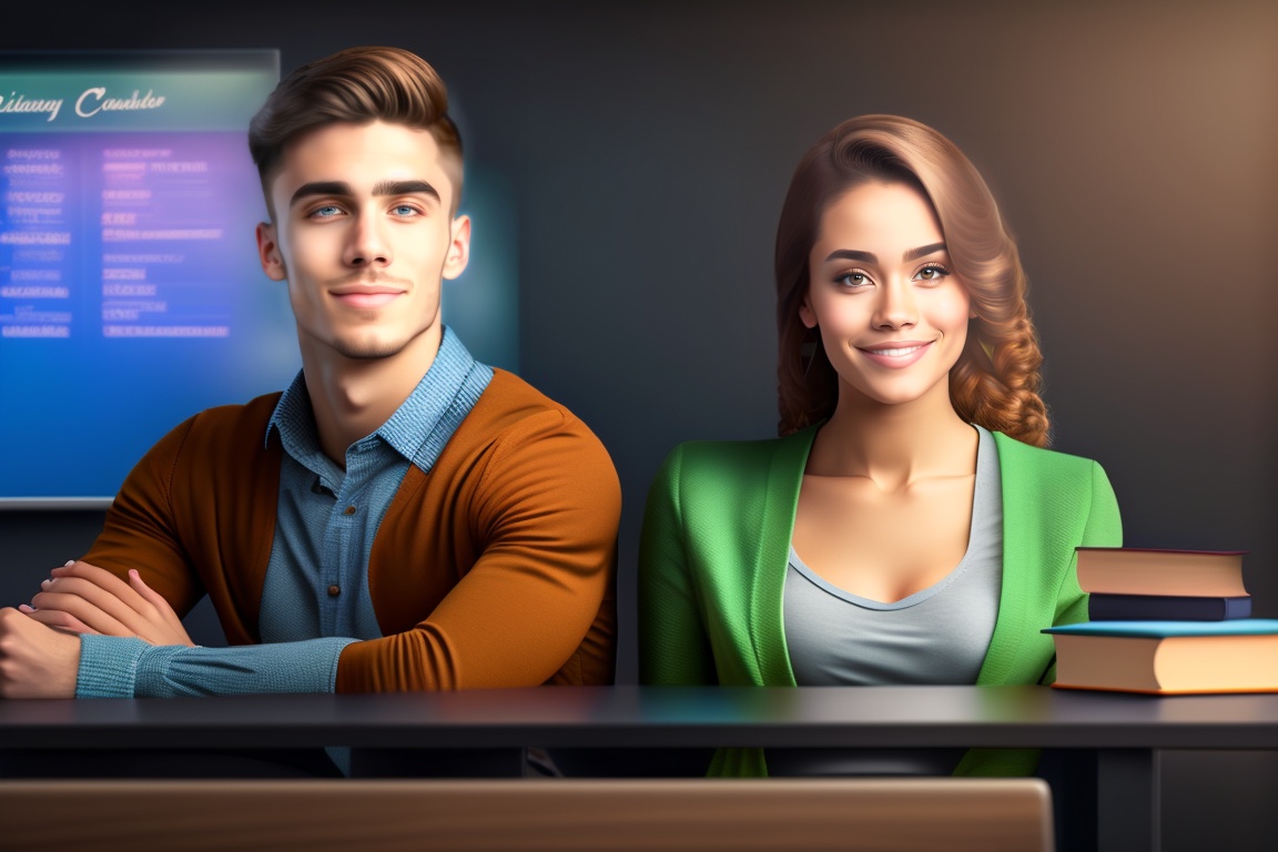 Lexica - Happy young student couple inside a classroom, with a ...