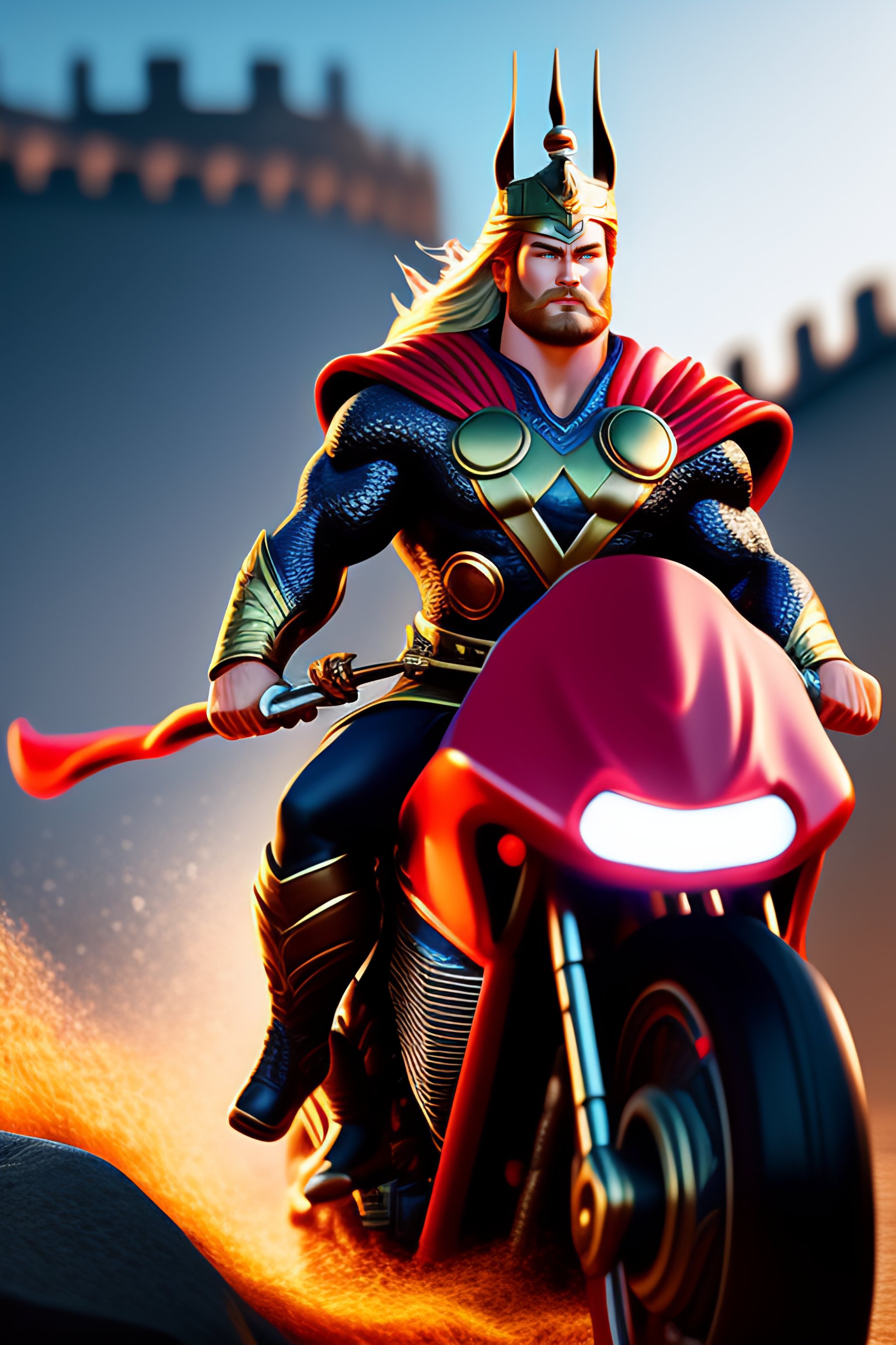 Lexica - An action scene of thor riding a motorcycle, on the great wall ...