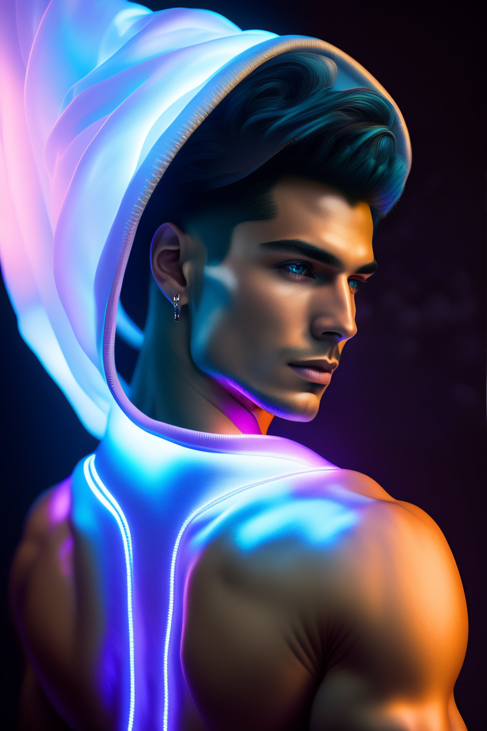 Lexica - Androgenous men in a cocoon iluminates by Neons