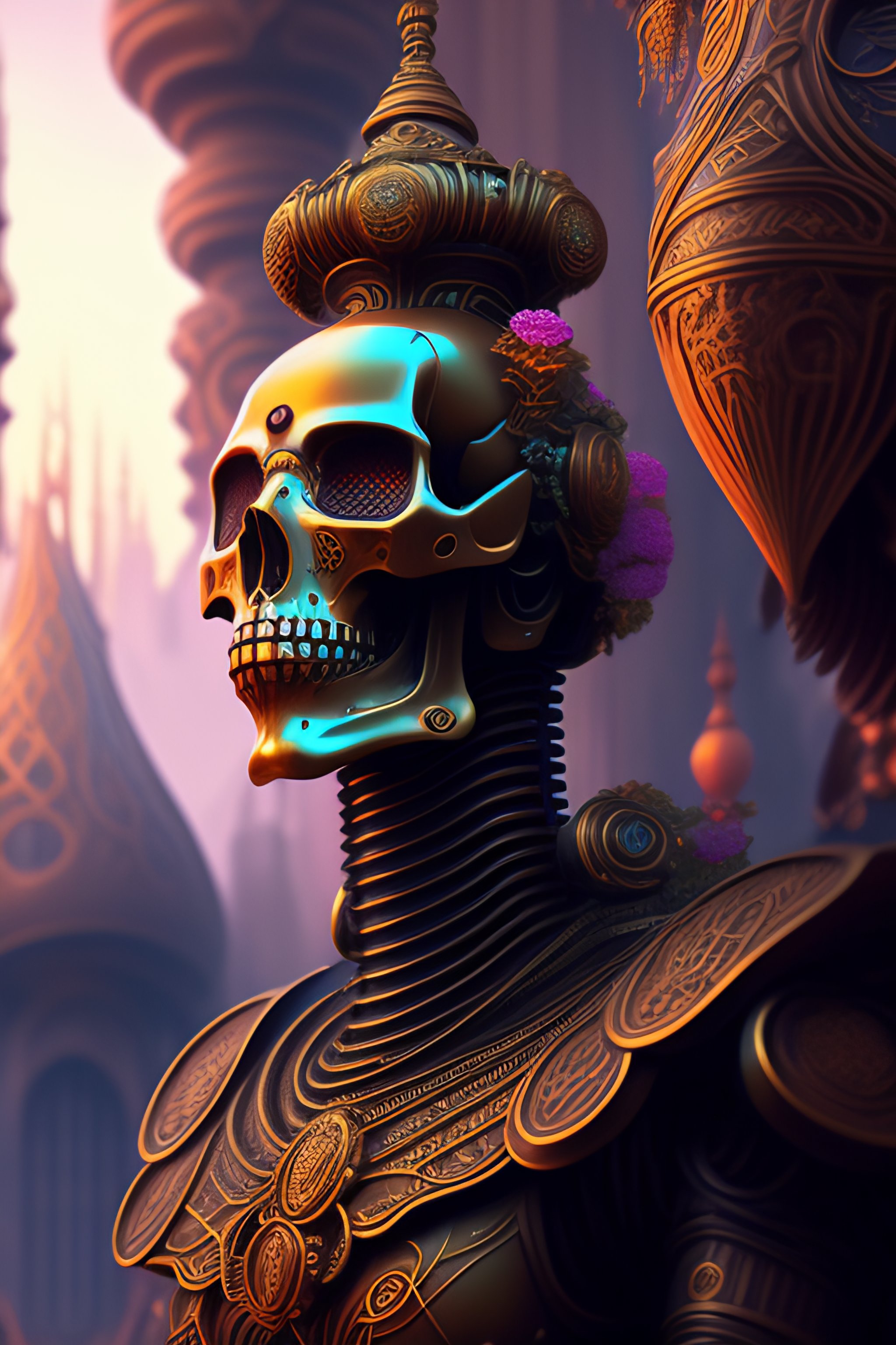 Lexica - A carved overgrown statue of a skelleton, robot, extremly ...